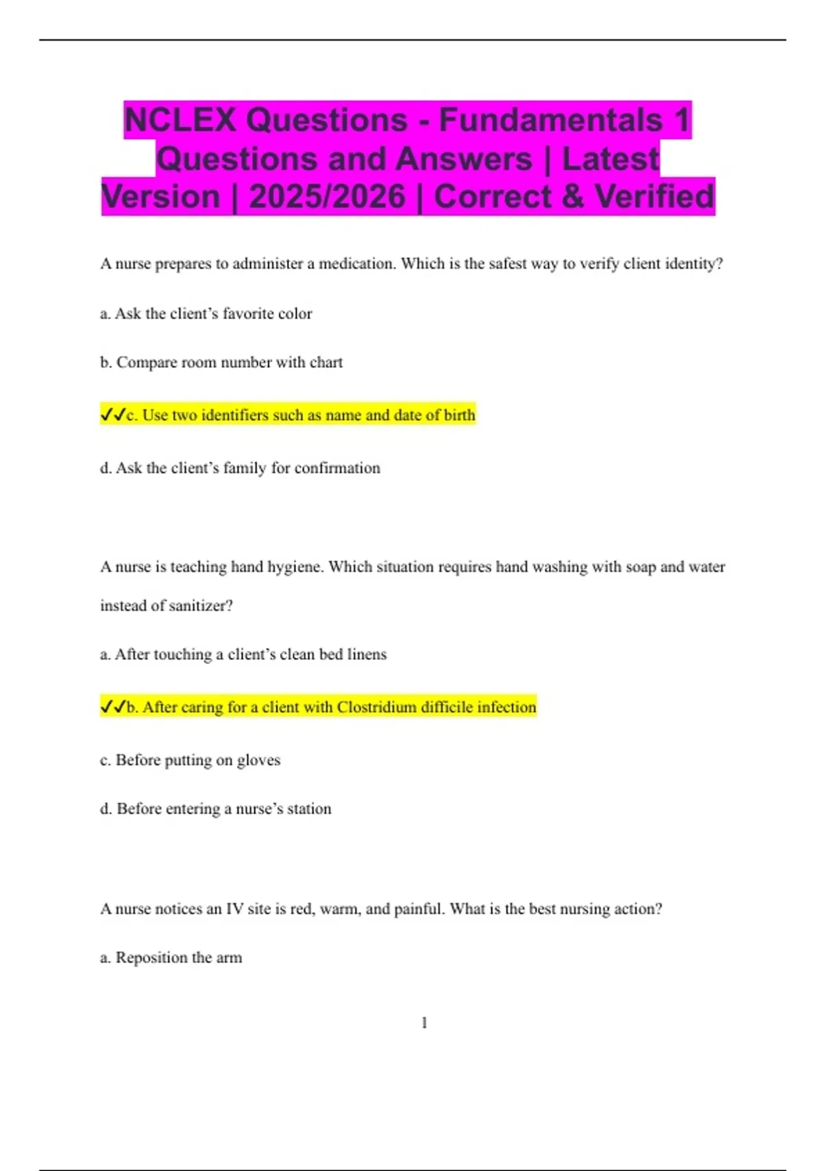 NCLEX Questions - Fundamentals 1 Questions and Answers | Latest Version ...