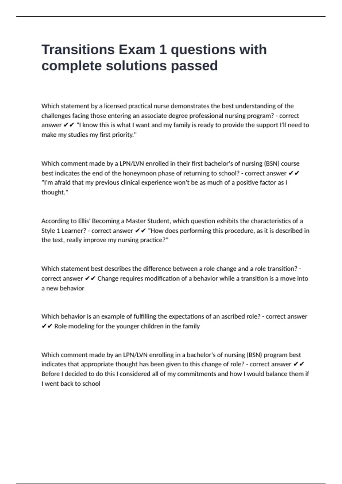 Transitions Exam 1 questions with complete solutions passed ...