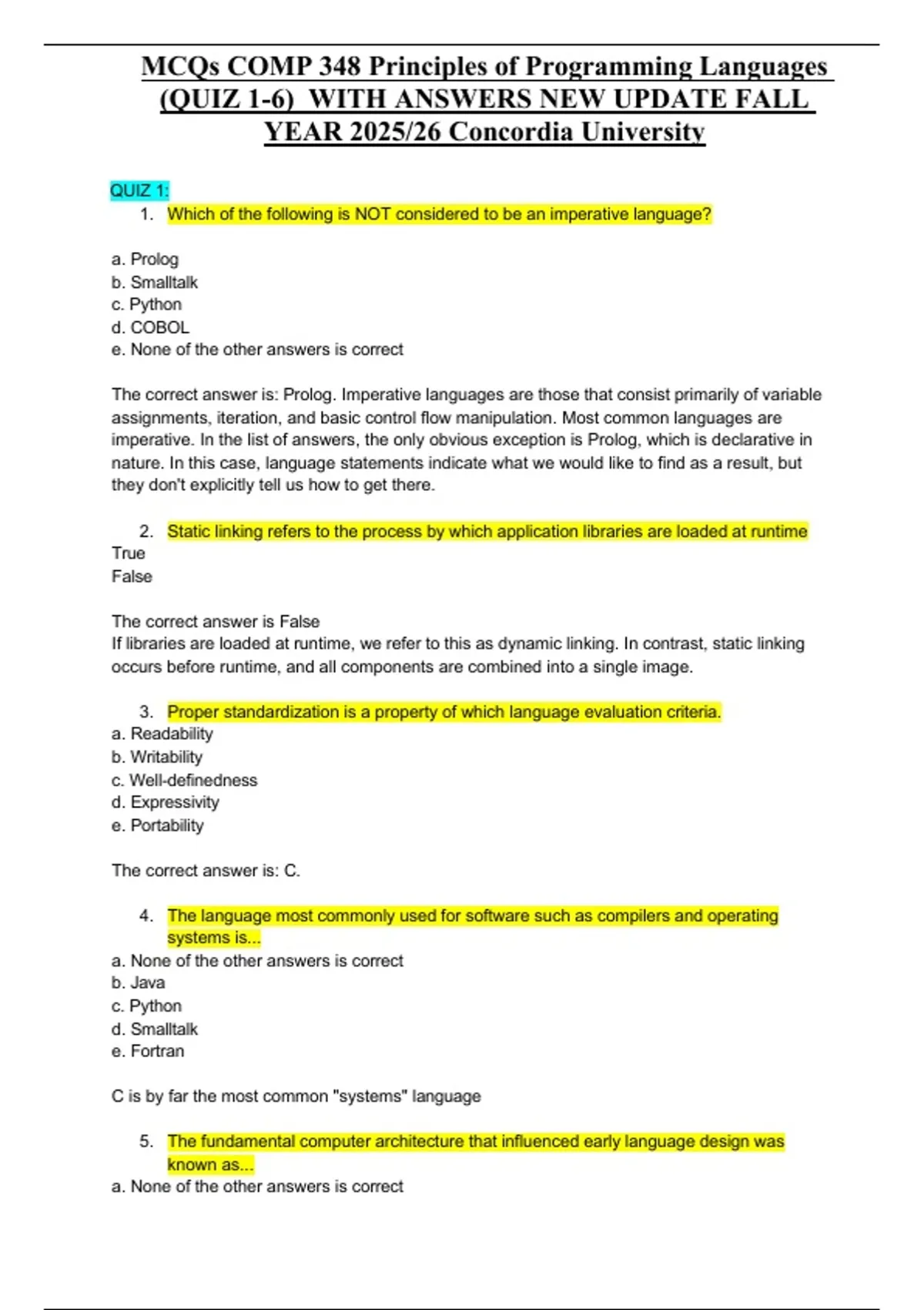 MCQs COMP 348 Principles of Programming Languages (QUIZ 1-6) WITH ...