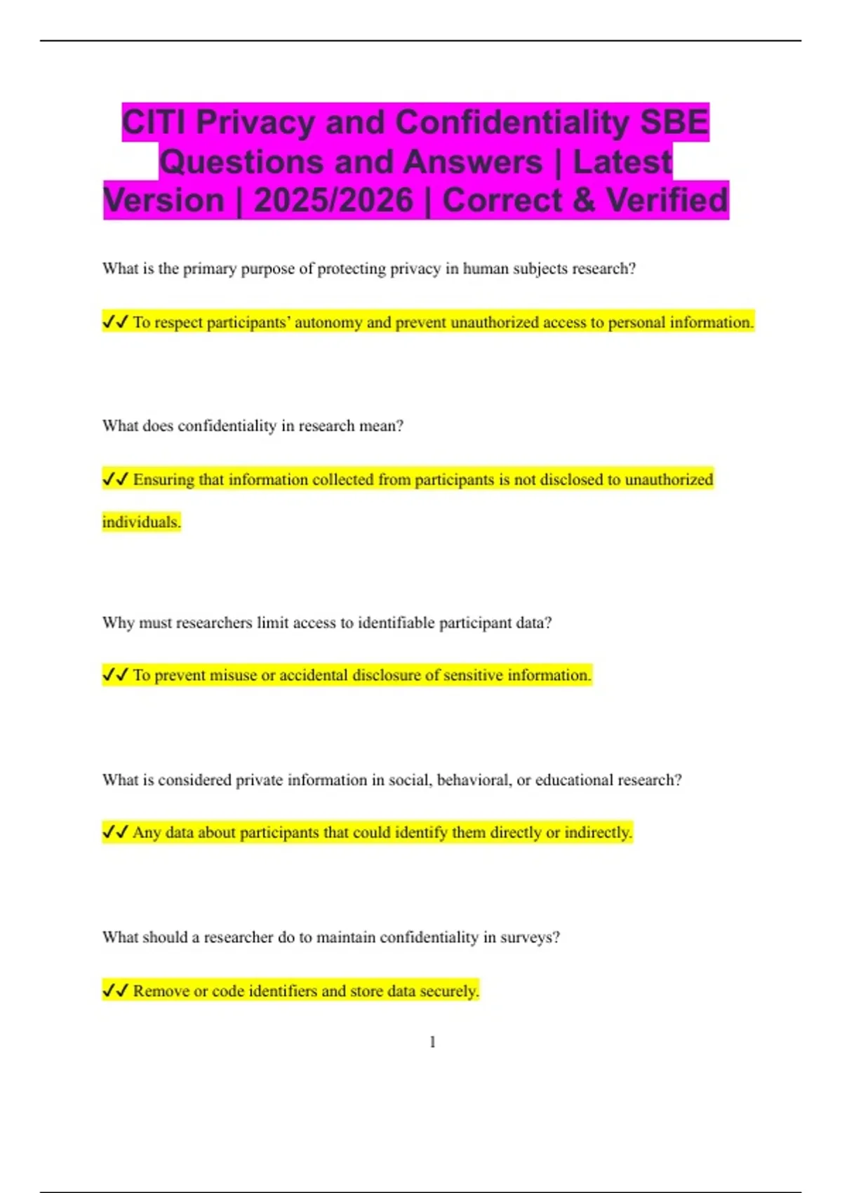 CITI Privacy and Confidentiality SBE Questions and Answers | Latest ...