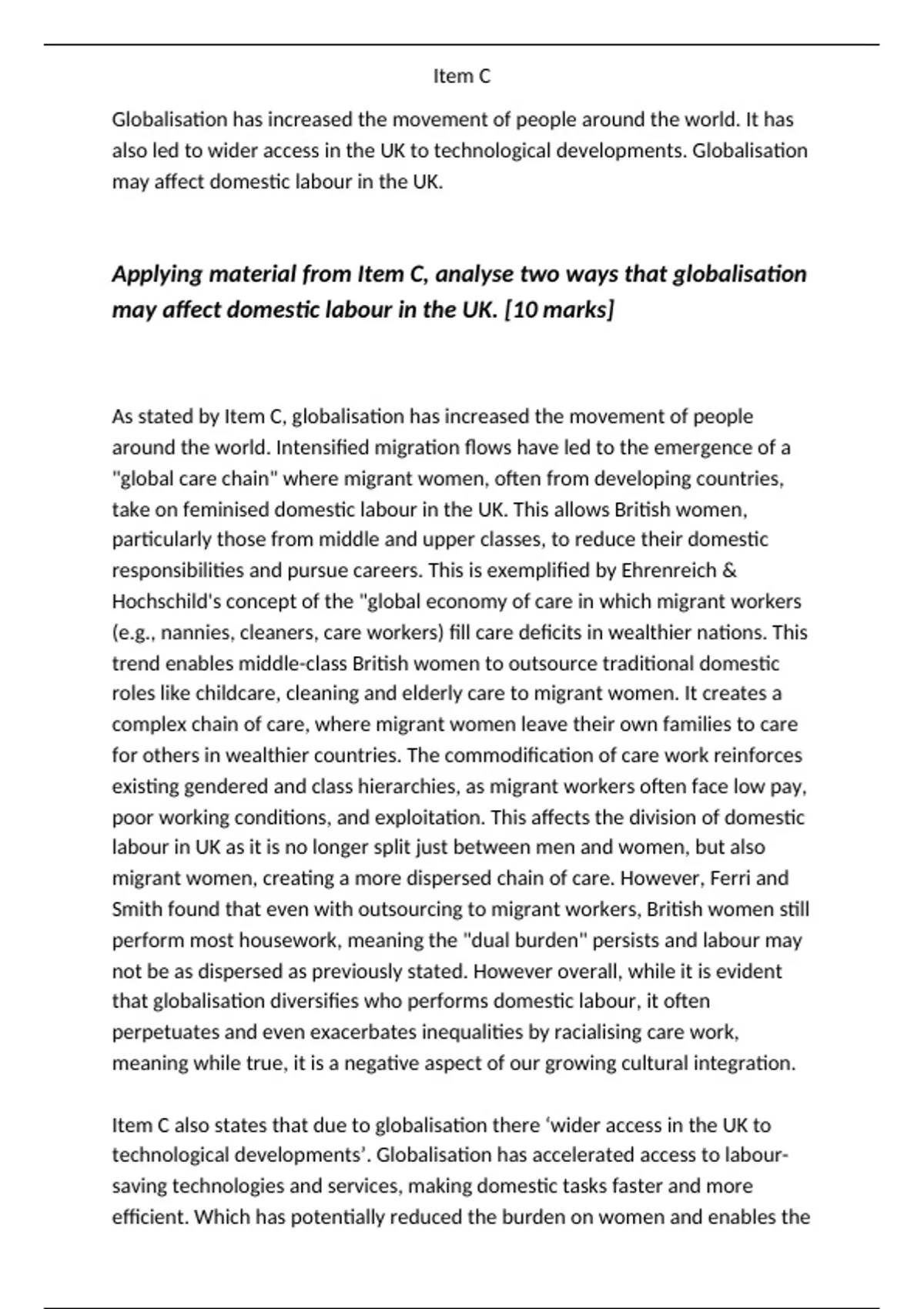 Full Marks 10/10 Essay: Globalisation & Domestic Labour | AQA Sociology ...