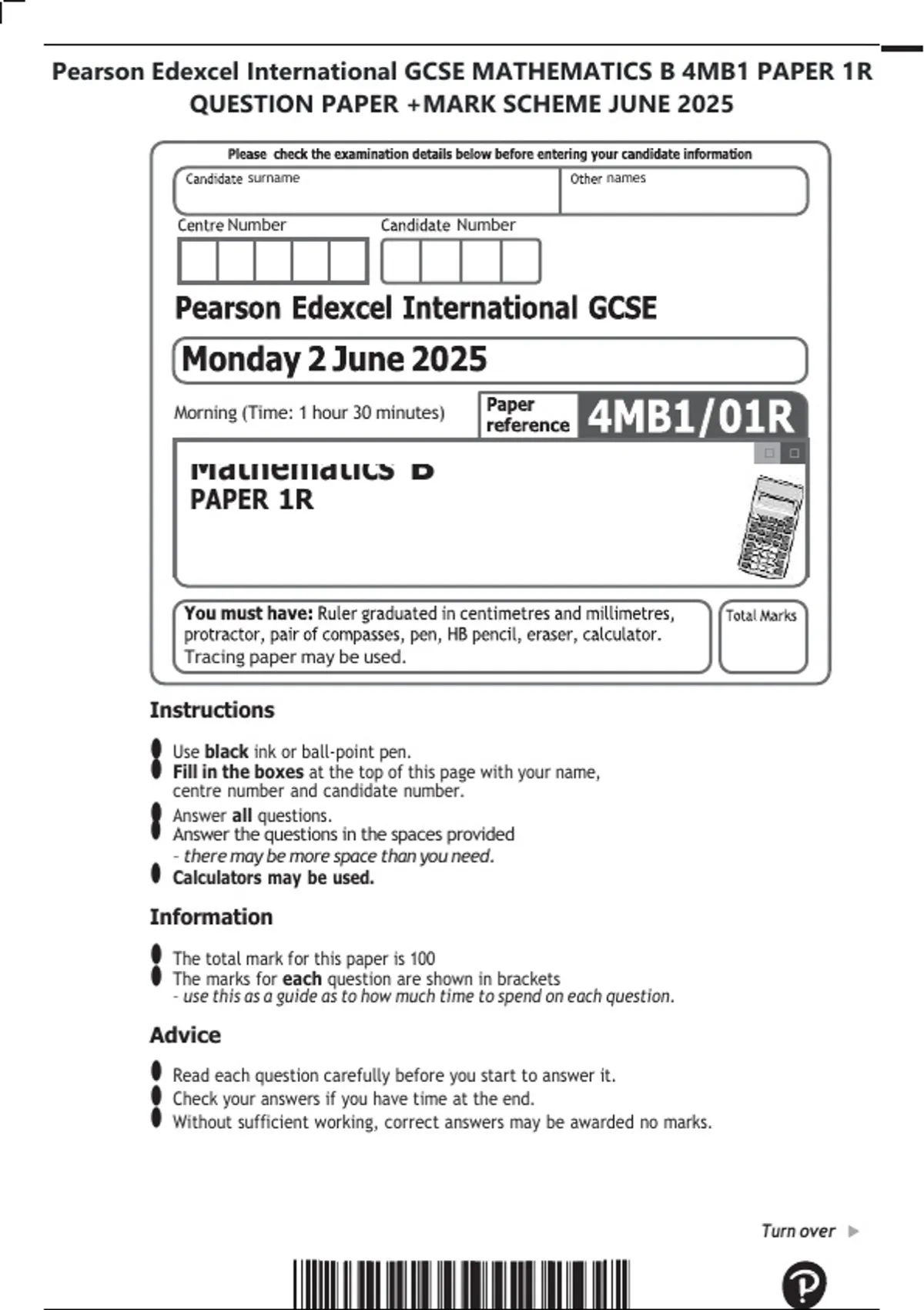 Pearson Edexcel International GCSE MATHEMATICS B 4MB1 PAPER 1R QUESTION ...