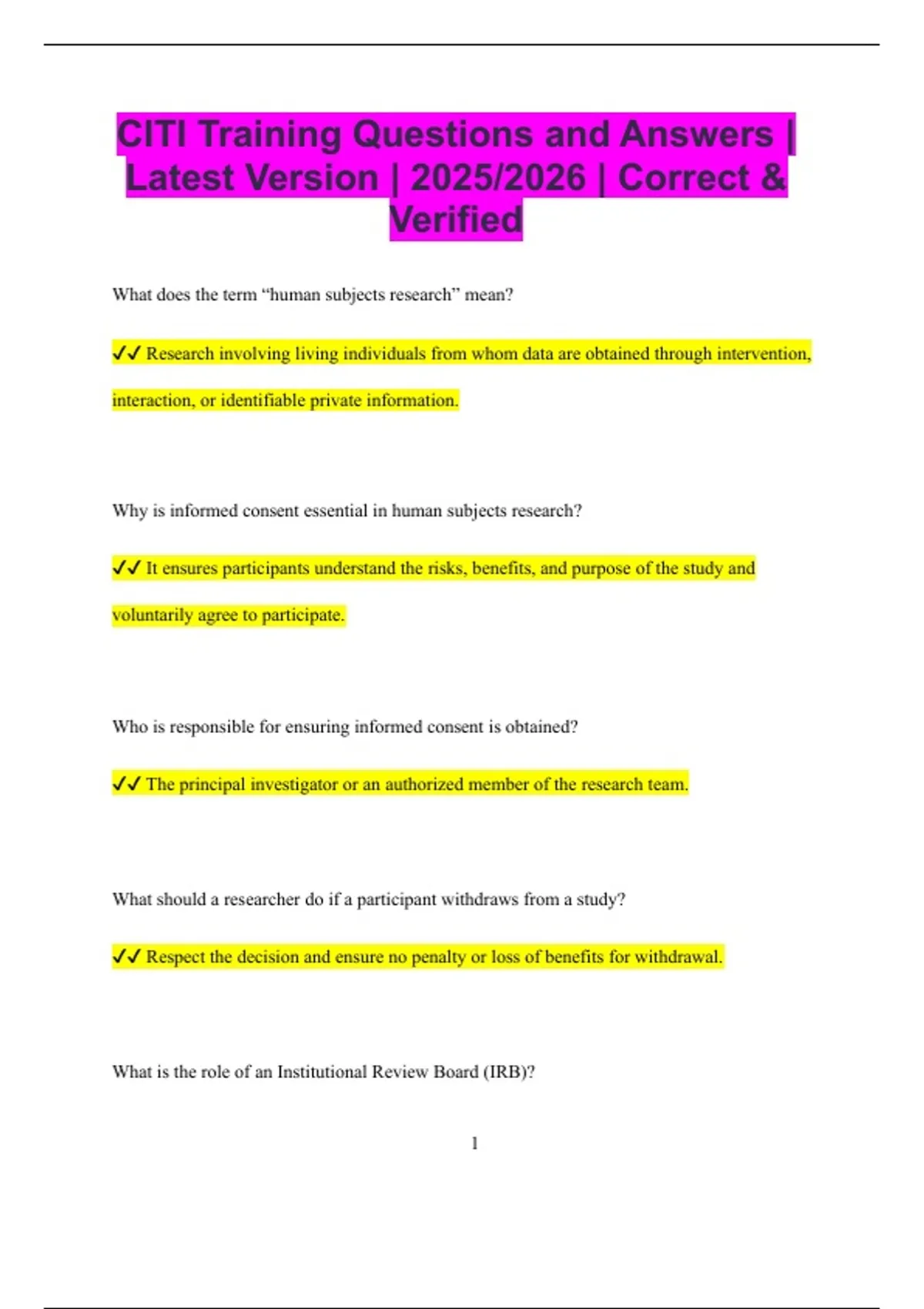 CITI Training Questions and Answers | Latest Version | 2025/2026 ...