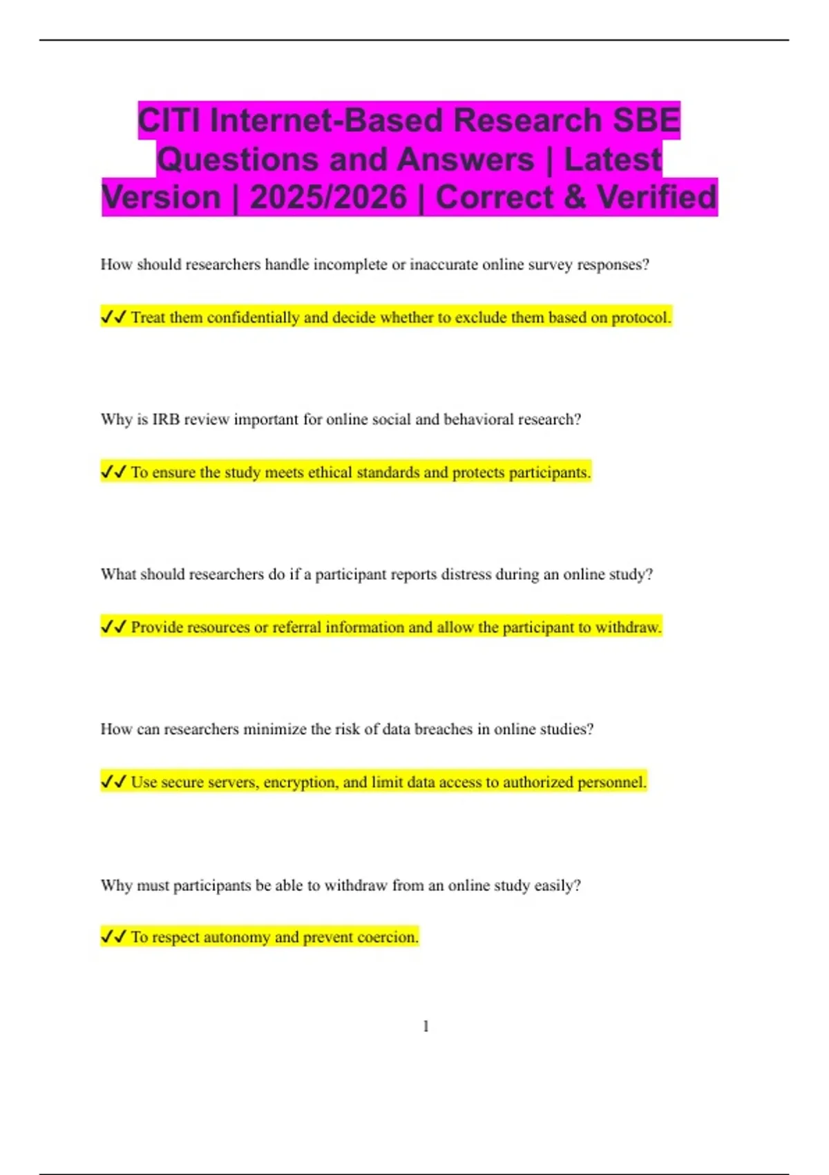 CITI Internet-Based Research SBE Questions and Answers | Latest Version ...
