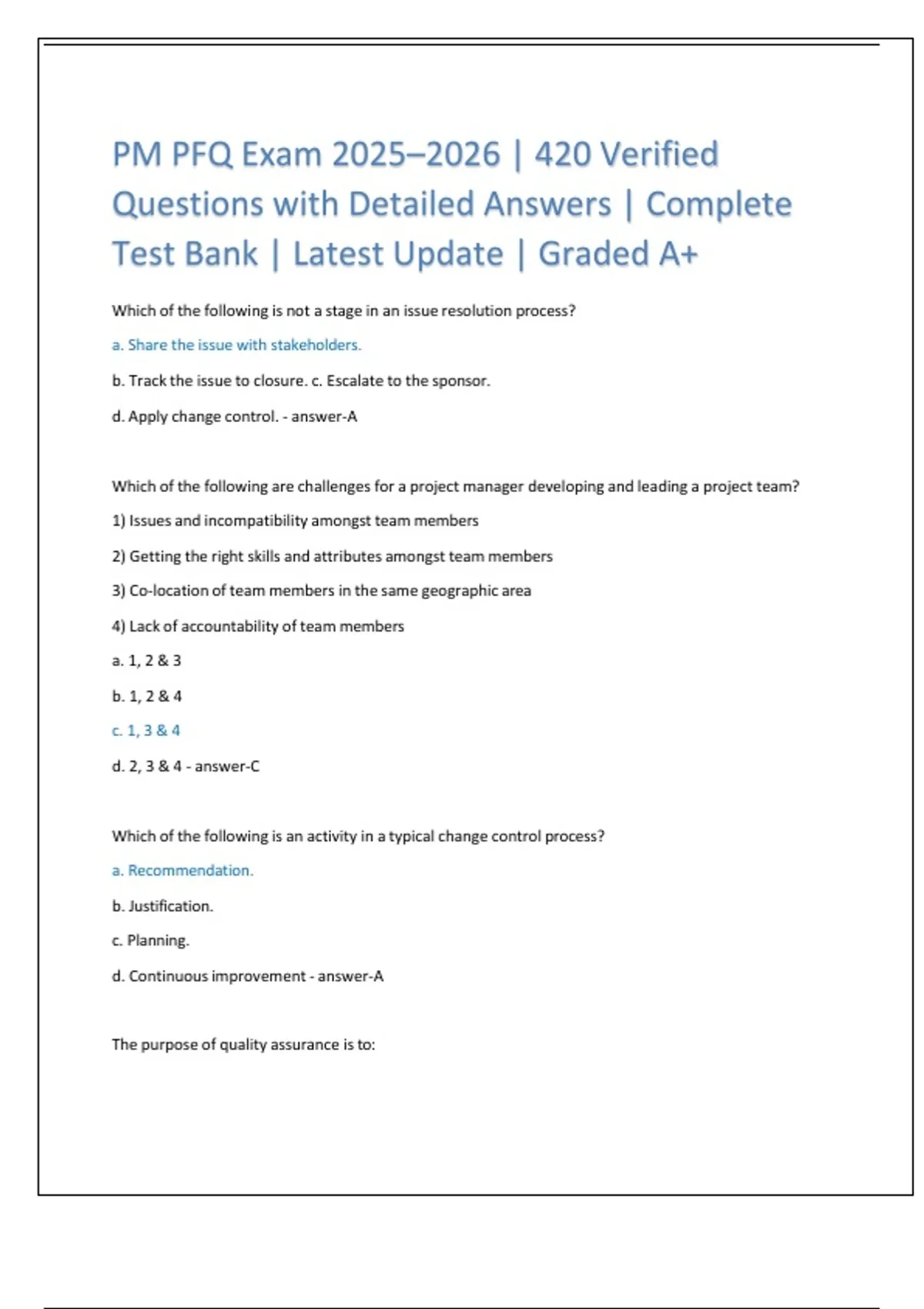 PM PFQ Exam 2025–2026 | 420 Verified Questions & Detailed Answers ...