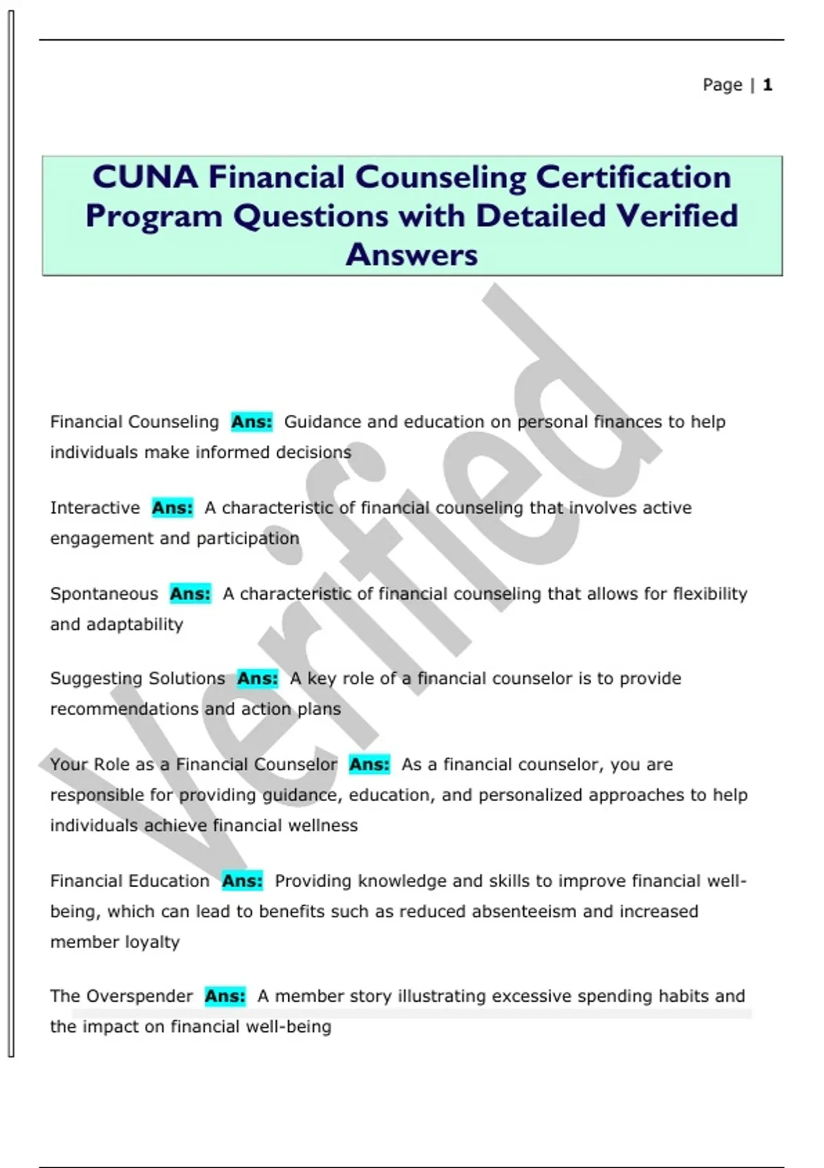 CUNA Financial Counseling Certification Program Questions with Detailed ...
