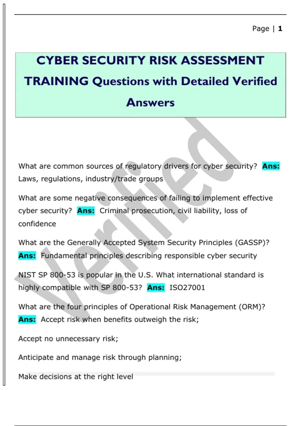 CYBER SECURITY RISK ASSESSMENT TRAINING Questions with Detailed ...