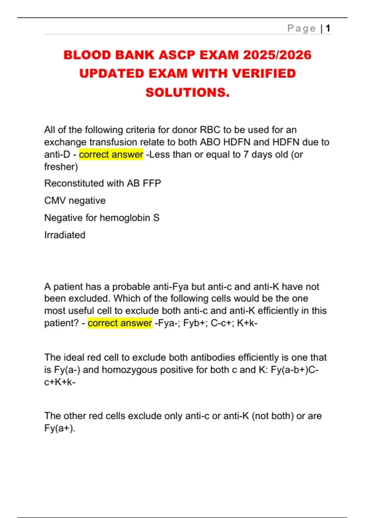 ASCP Blood Bank Exam 2025/2026 – Updated Actual Exam with Verified Solutions | Complete Recall ...