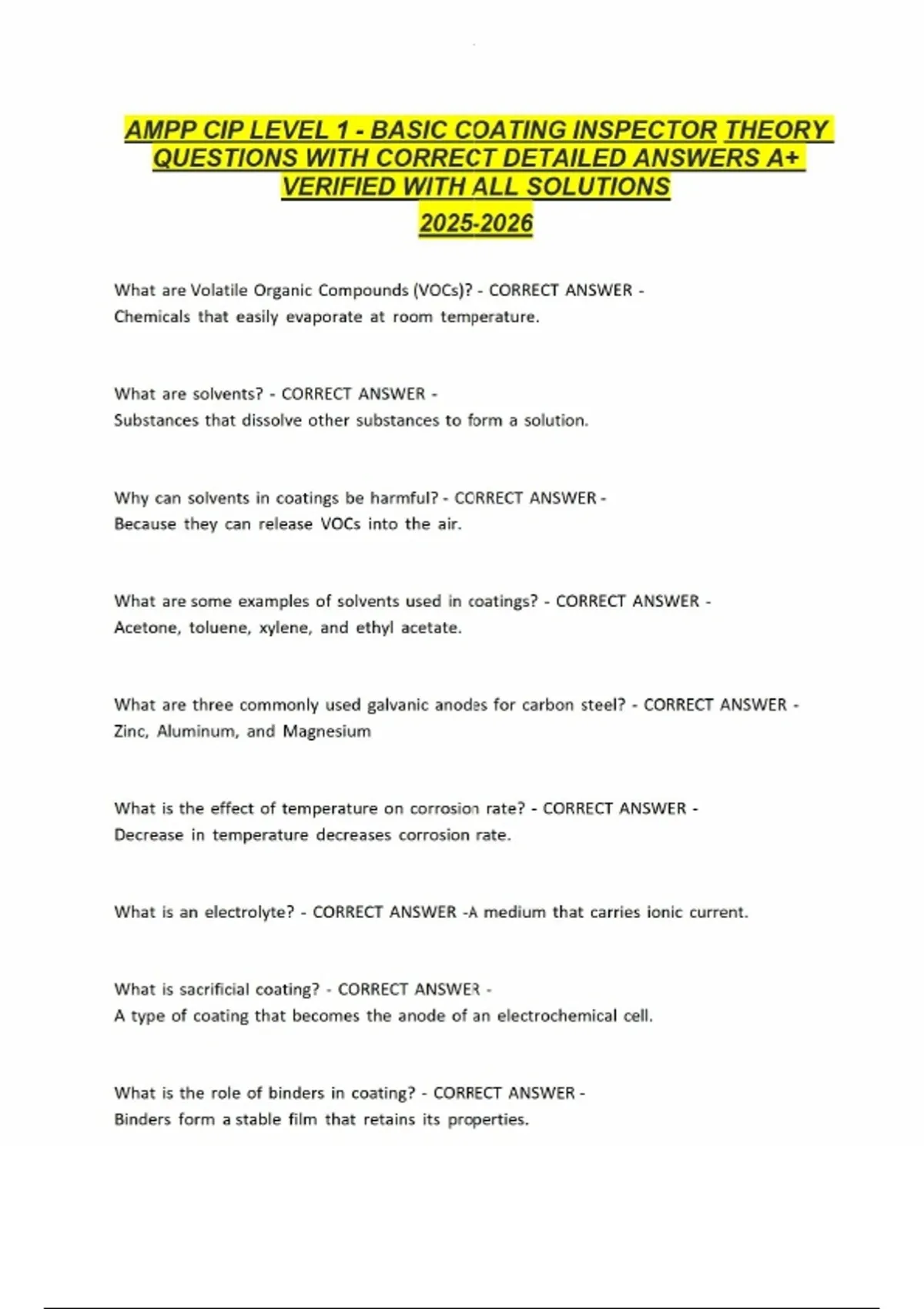 AMPP CIP LEVEL 1 - BASIC COATING INSPECTOR THEORY QUESTIONS WITH ...