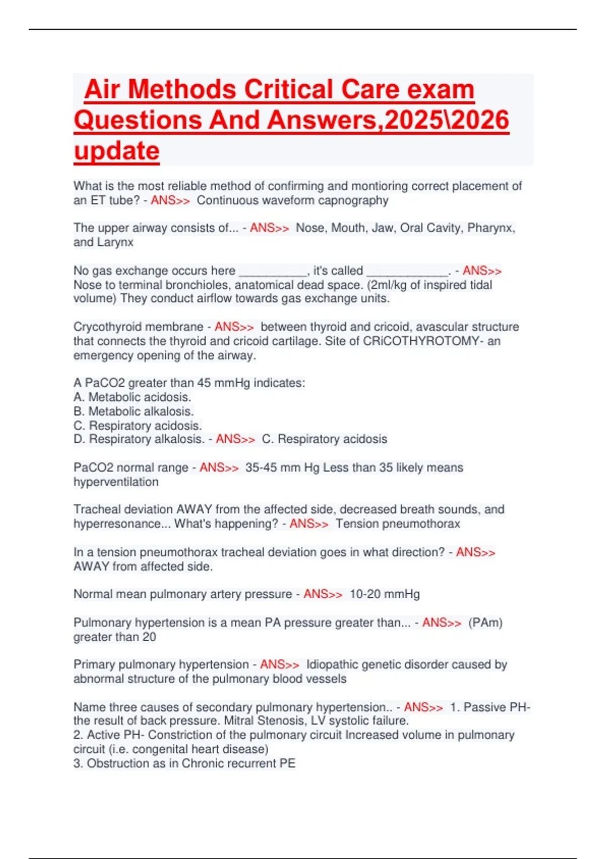 Air Methods Critical Care Exam 2025–2026 | Updated Study Guide with ...