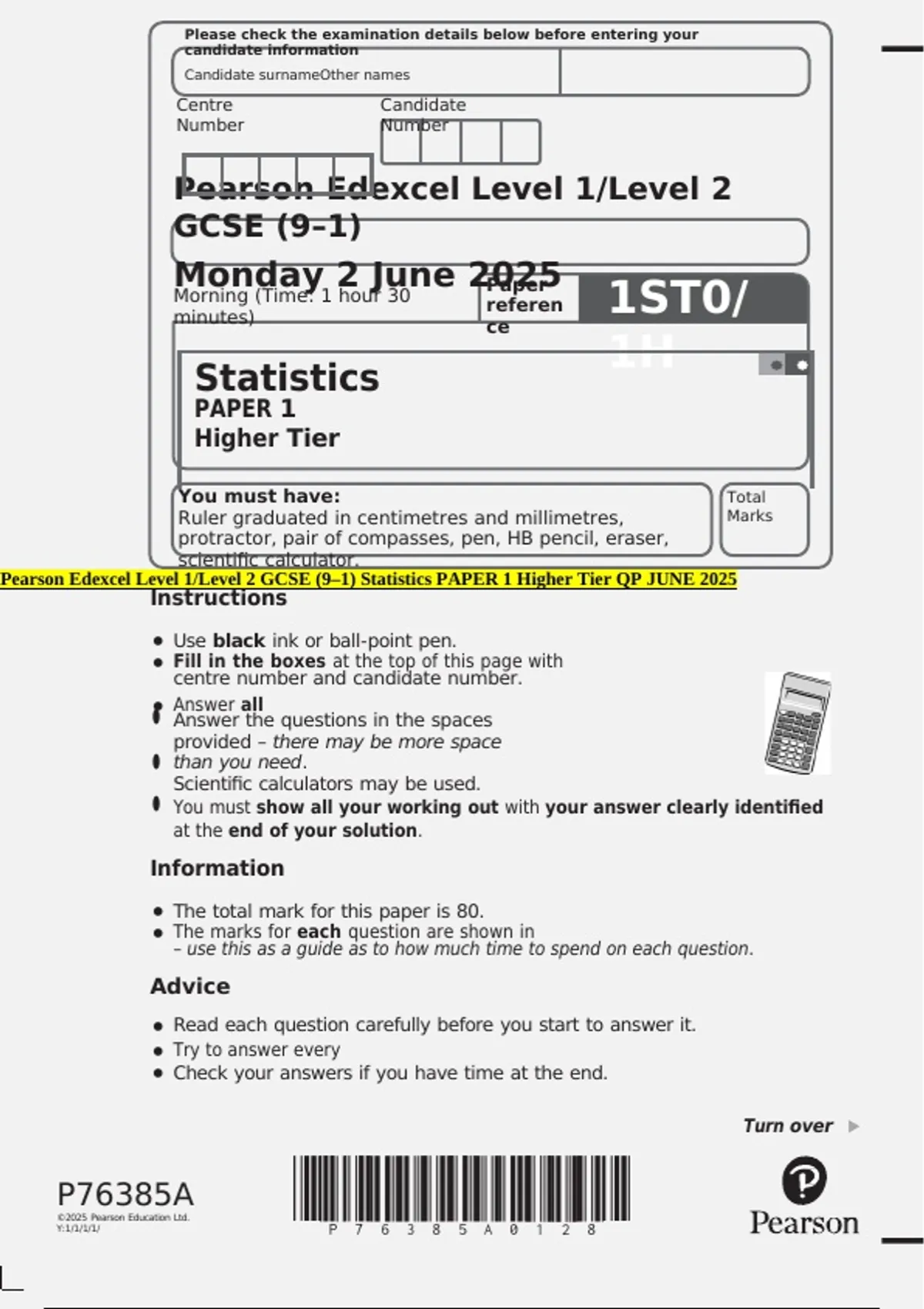 Pearson Edexcel Level 1/Level 2 GCSE (9–1) Statistics PAPER 1 Higher ...