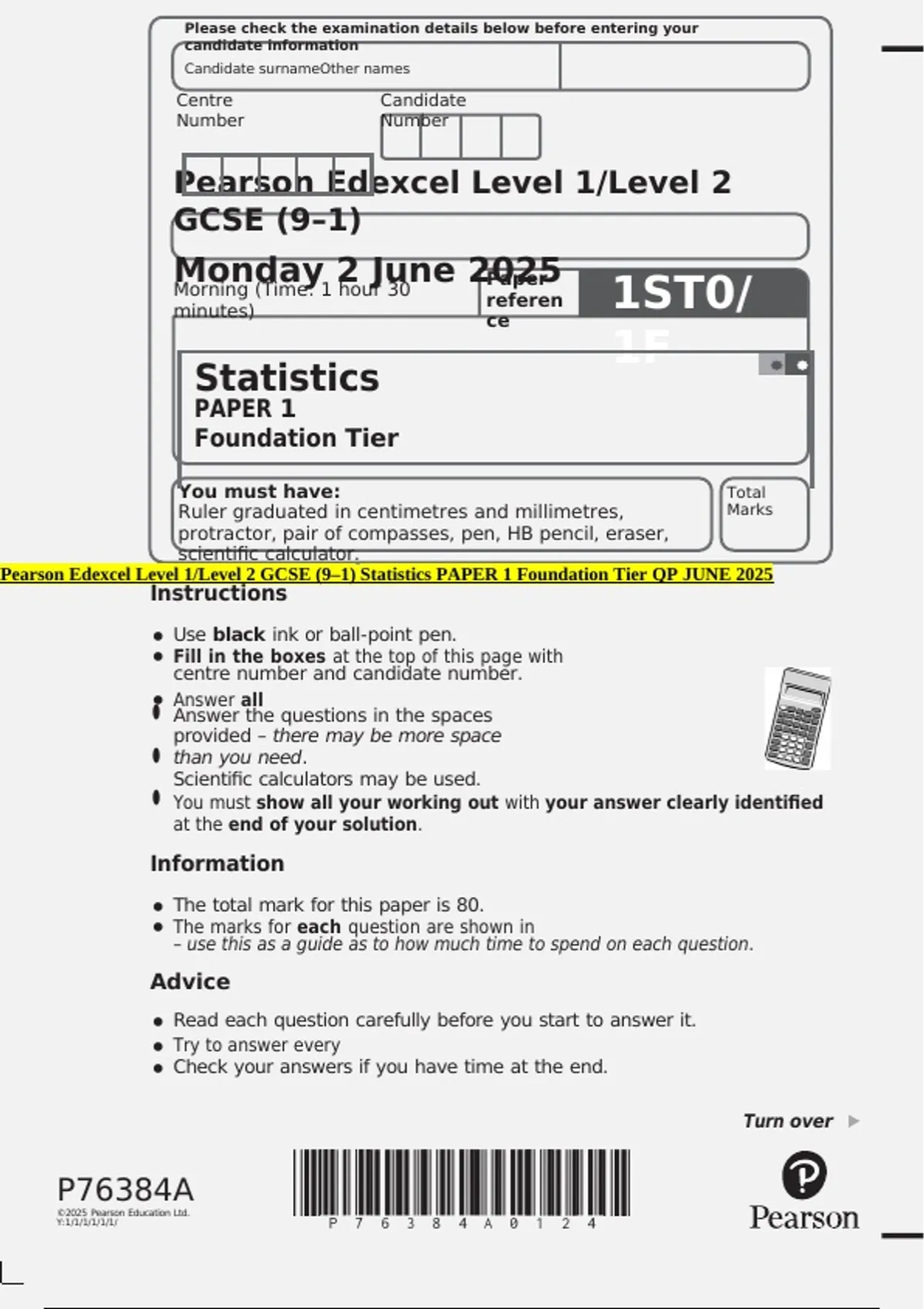 Pearson Edexcel Level 1/Level 2 GCSE (9–1) Statistics PAPER 1 ...