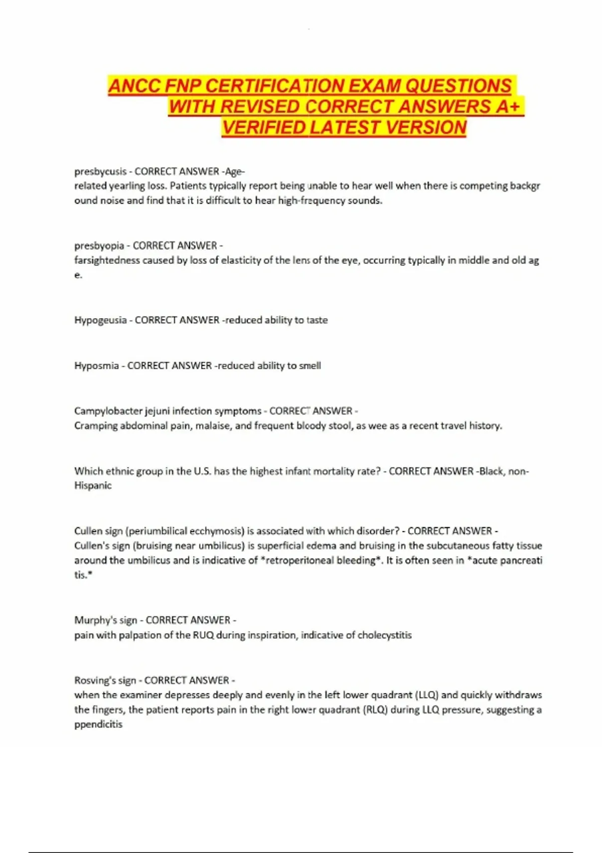 ANCC FNP CERTIFICATION EXAM QUESTIONS WITH REVISED CORRECT ANSWERS A+ ...