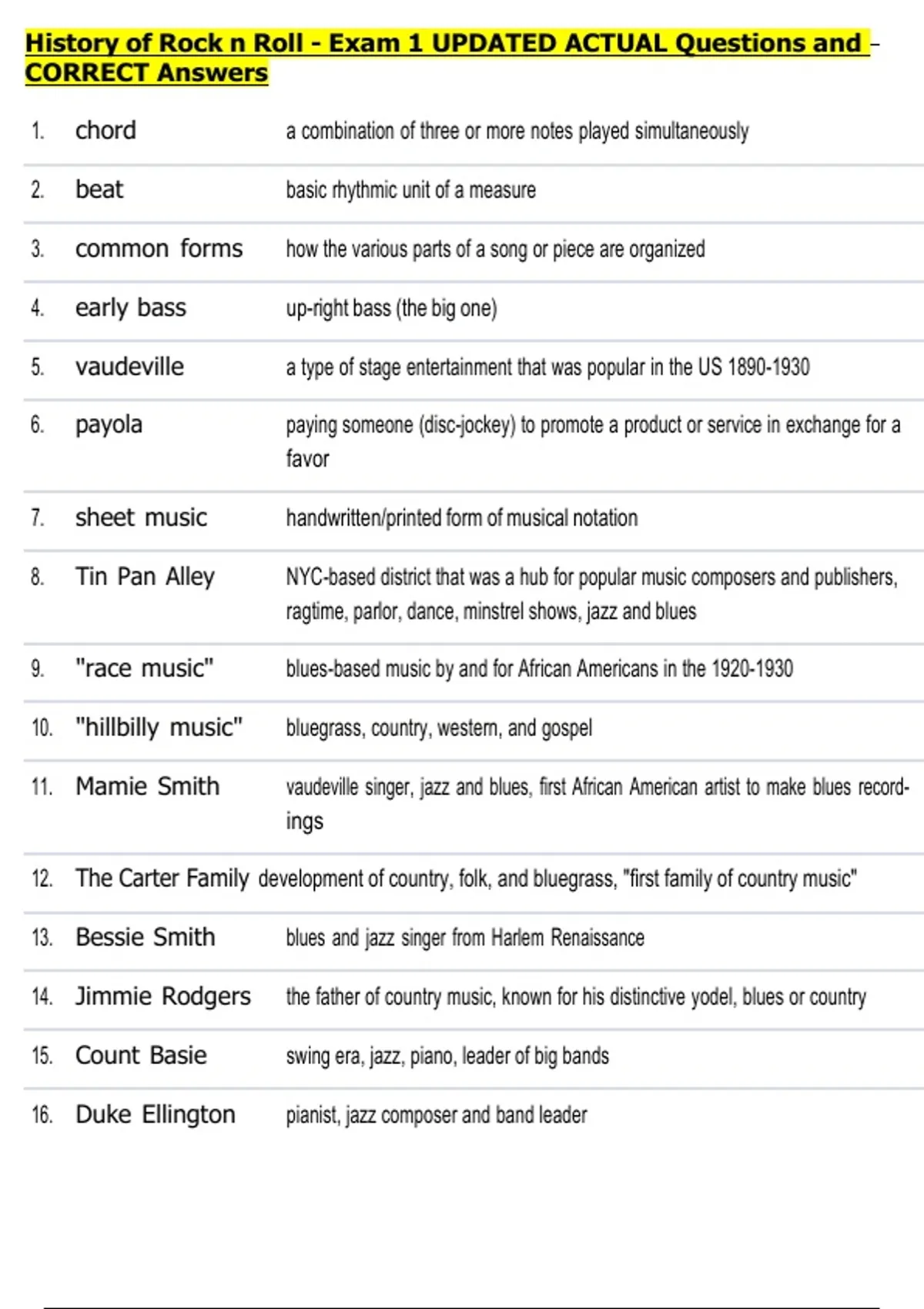 History of Rock n Roll - Exam 1 UPDATED ACTUAL Questions and CORRECT ...