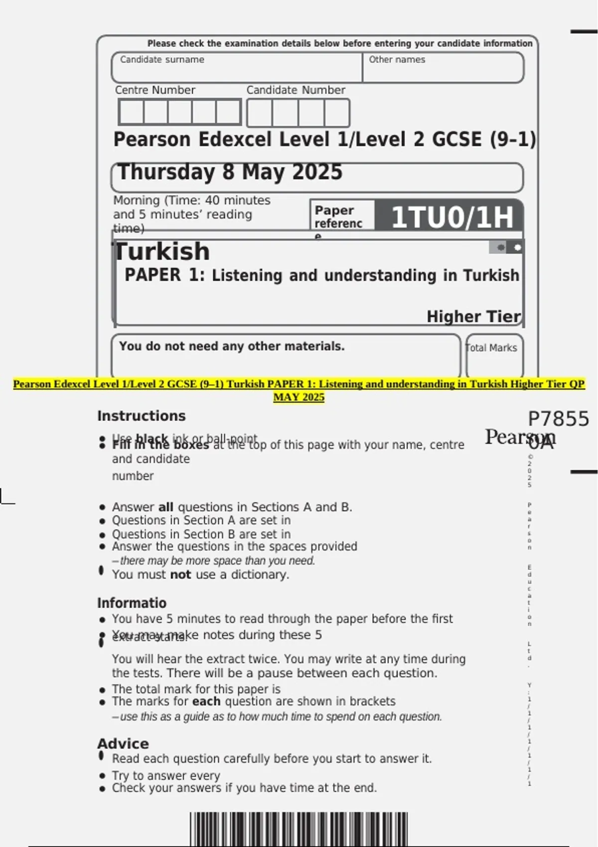 Pearson Edexcel Level 1/Level 2 GCSE (9–1) Turkish PAPER 1: Listening ...