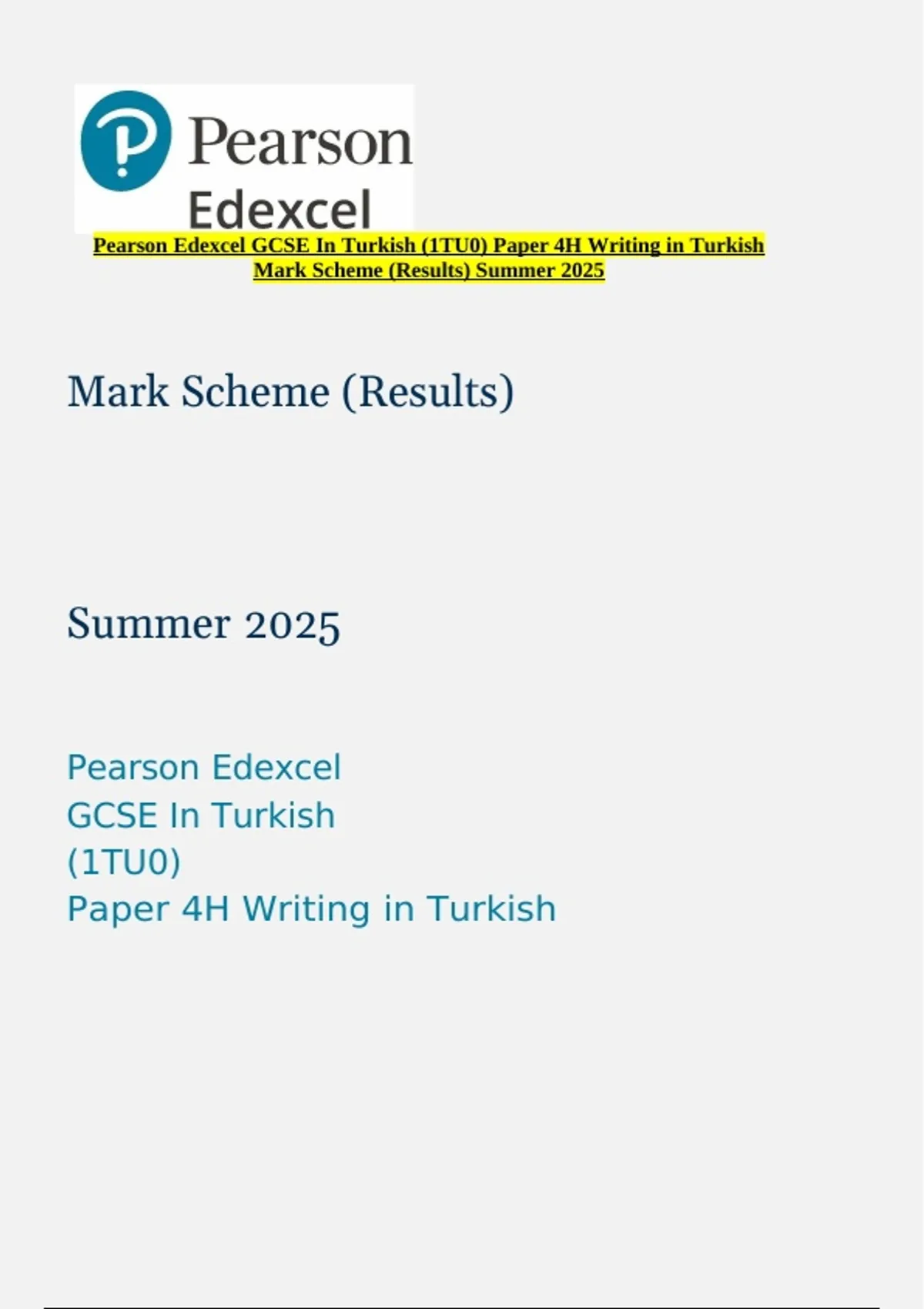 Pearson Edexcel GCSE In Turkish (1TU0) Paper 4H Writing in Turkish Mark ...