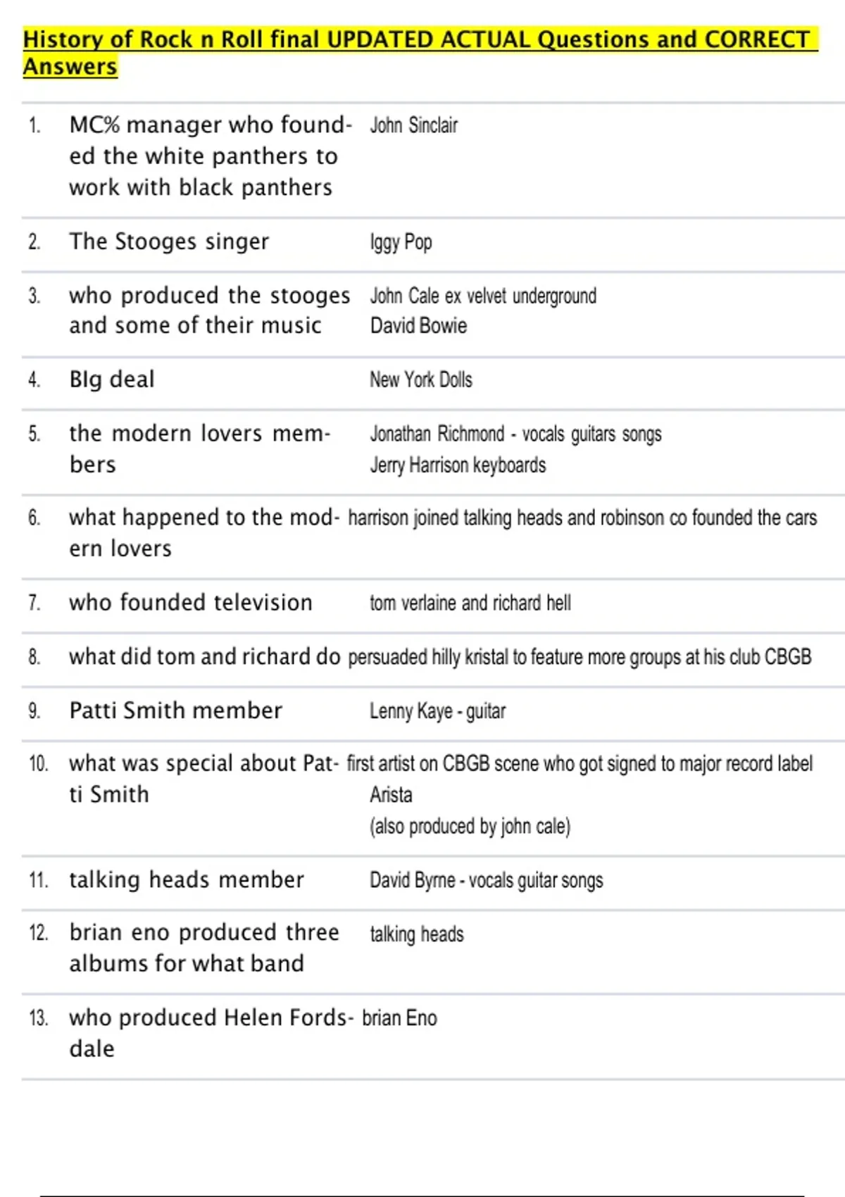 History of Rock n Roll final UPDATED ACTUAL Questions and CORRECT ...