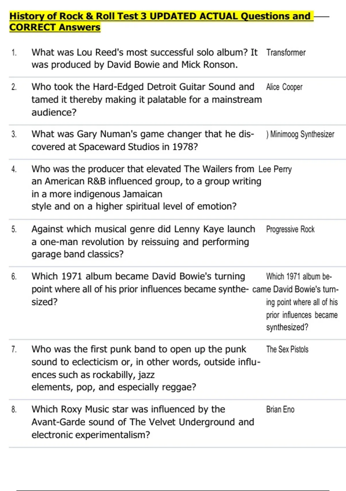 History of Rock & Roll Test 3 UPDATED ACTUAL Questions and CORRECT ...
