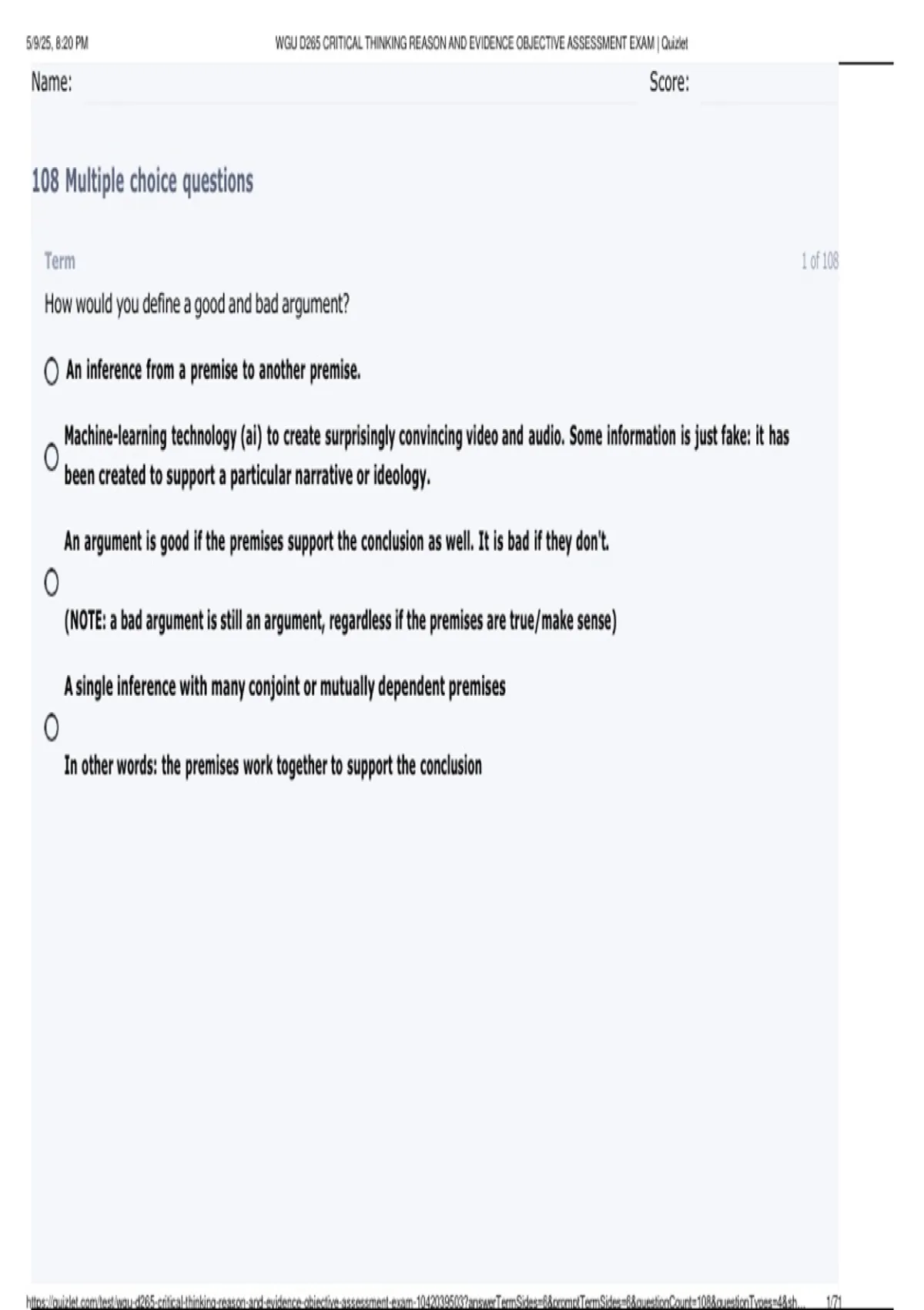 WGU D265 Critical Thinking: Reason and Evidence | Objective Assessment Exam with Verified ...