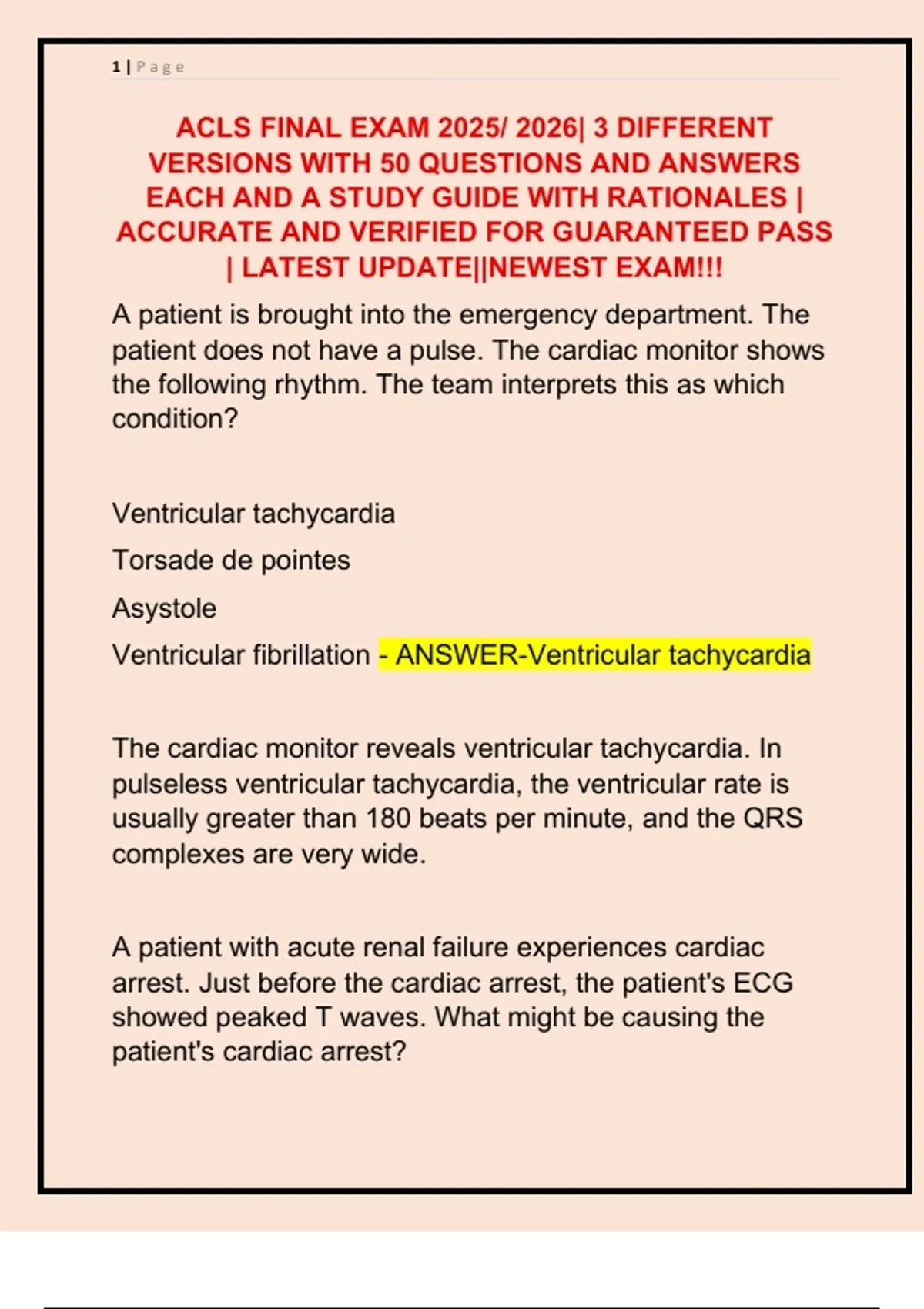 ACLS FINAL EXAM 2025/ 2026| 3 DIFFERENT VERSIONS WITH 50 QUESTIONS AND ...