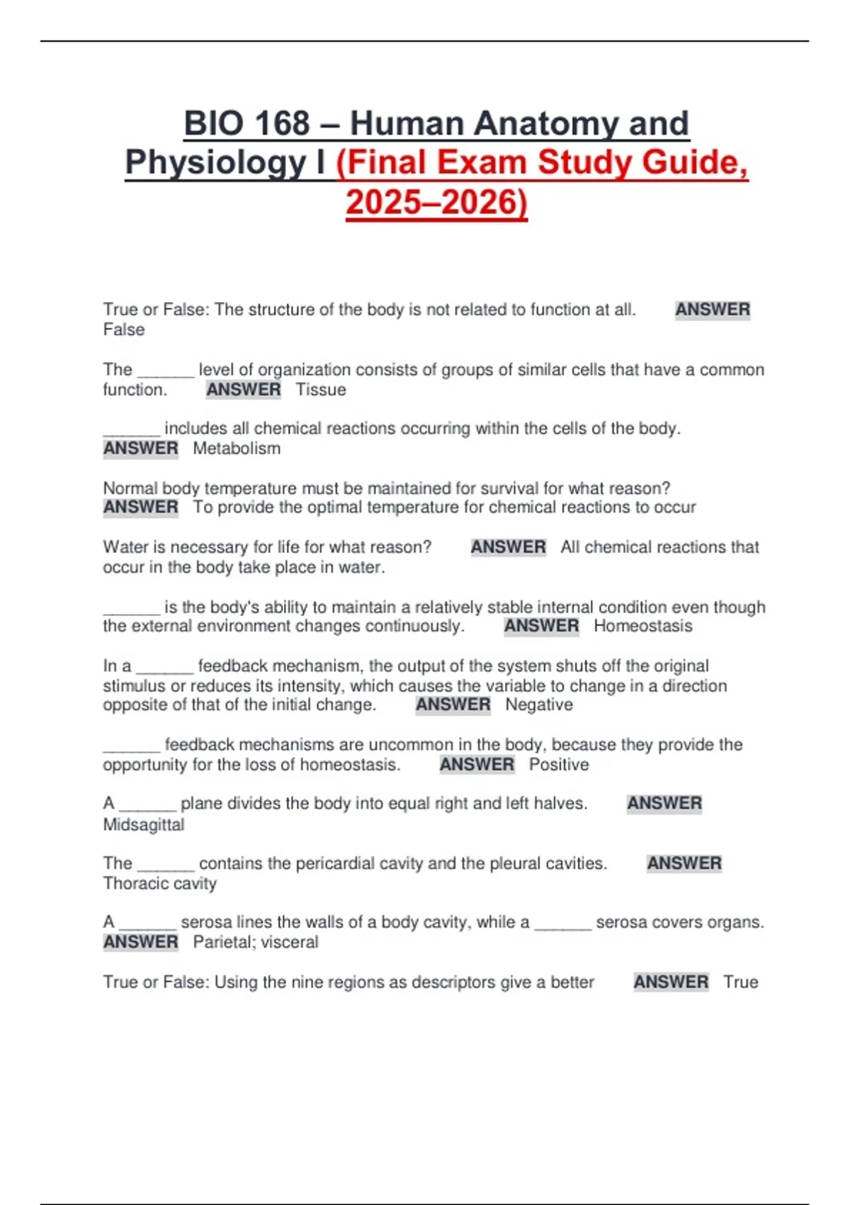 BIO 168 – Human Anatomy and Physiology I Final Exam With 100% Correct ...