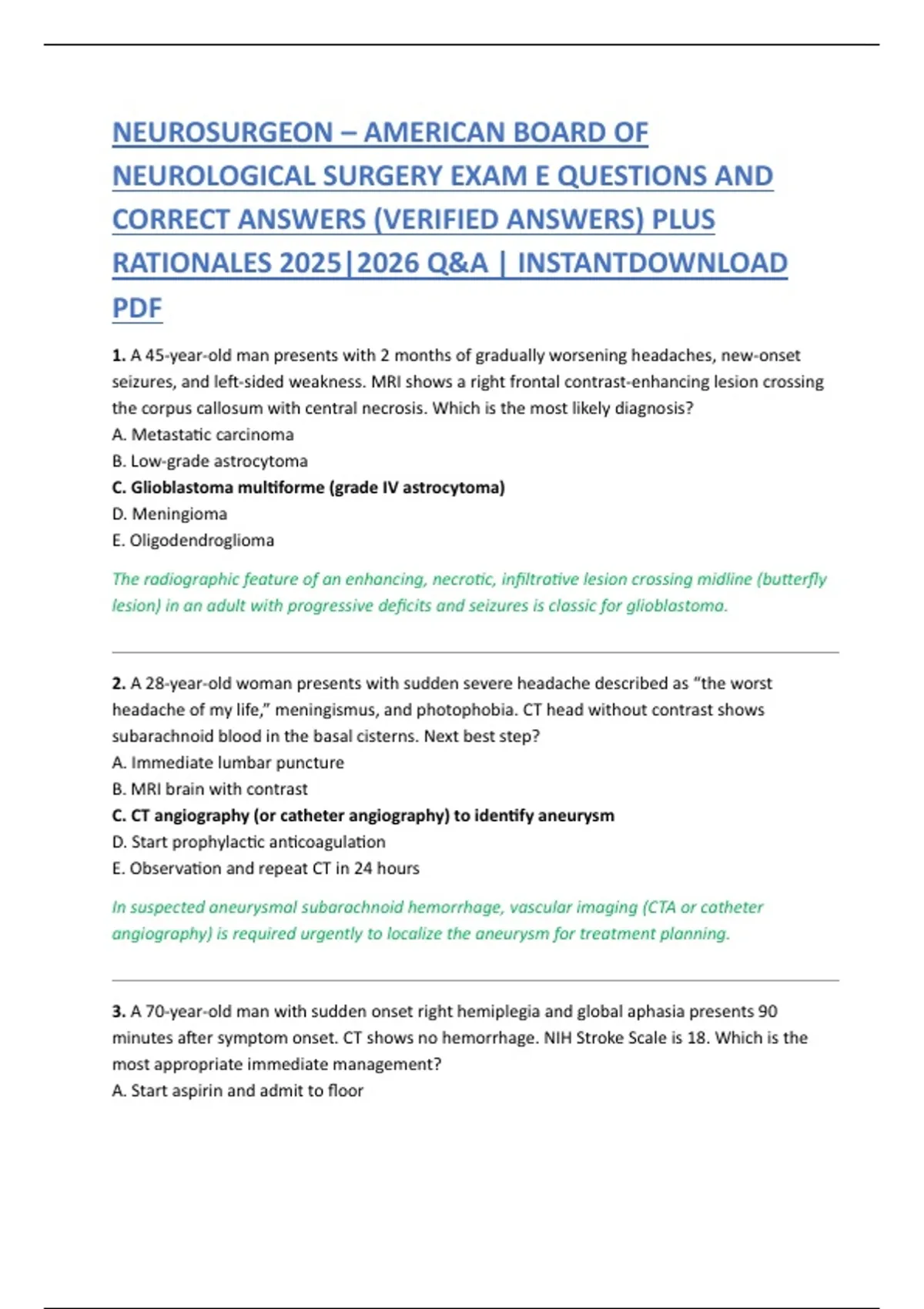 NEUROSURGEON – AMERICAN BOARD OF NEUROLOGICAL SURGERY EXAM E QUESTIONS ...