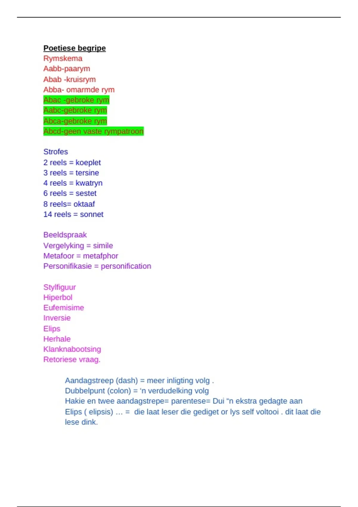 Summary Poetic Concepts — Afrikaans Literature — Study Guide with Rhyme ...