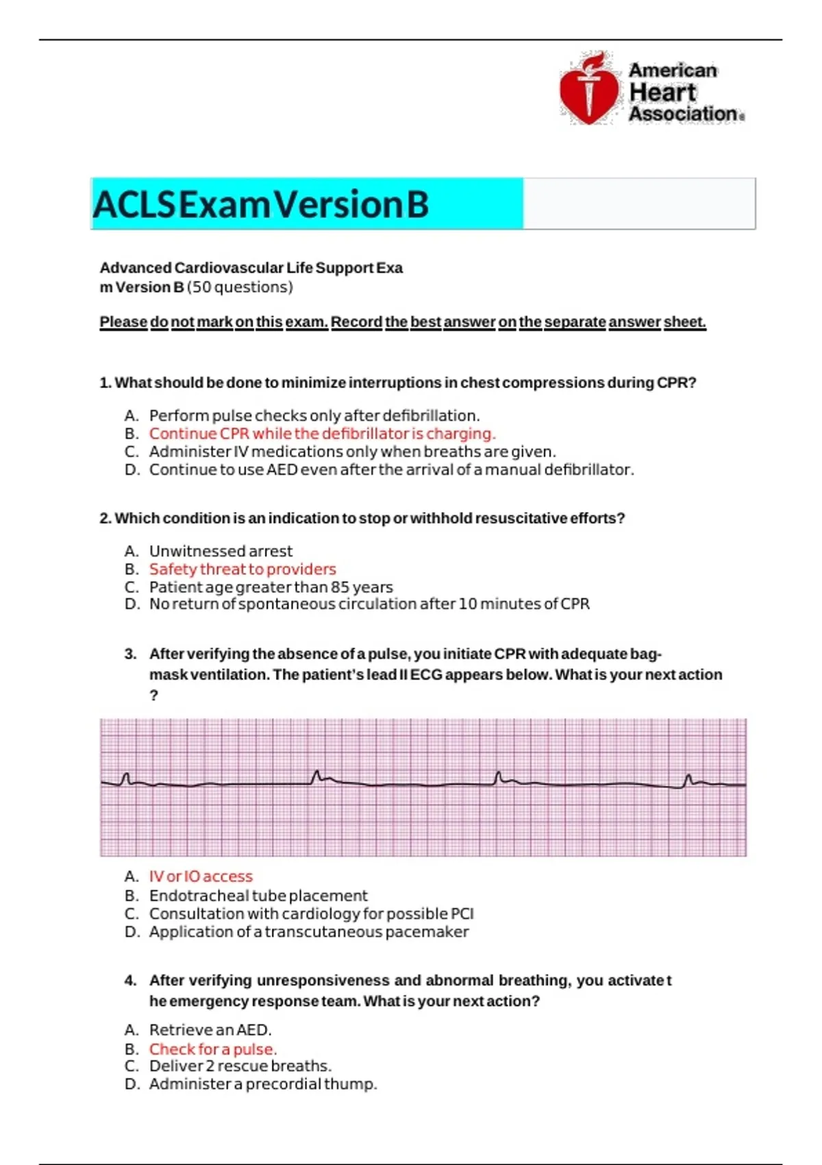 ACLS Exam Version B questions with answers _GRADED A+_ 100_ Correct ...
