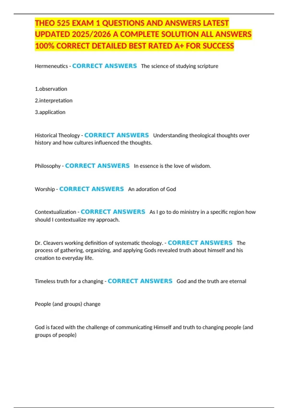 THEO 525 EXAM 1 QUESTIONS AND ANSWERS LATEST UPDATED 2025/2026 A ...