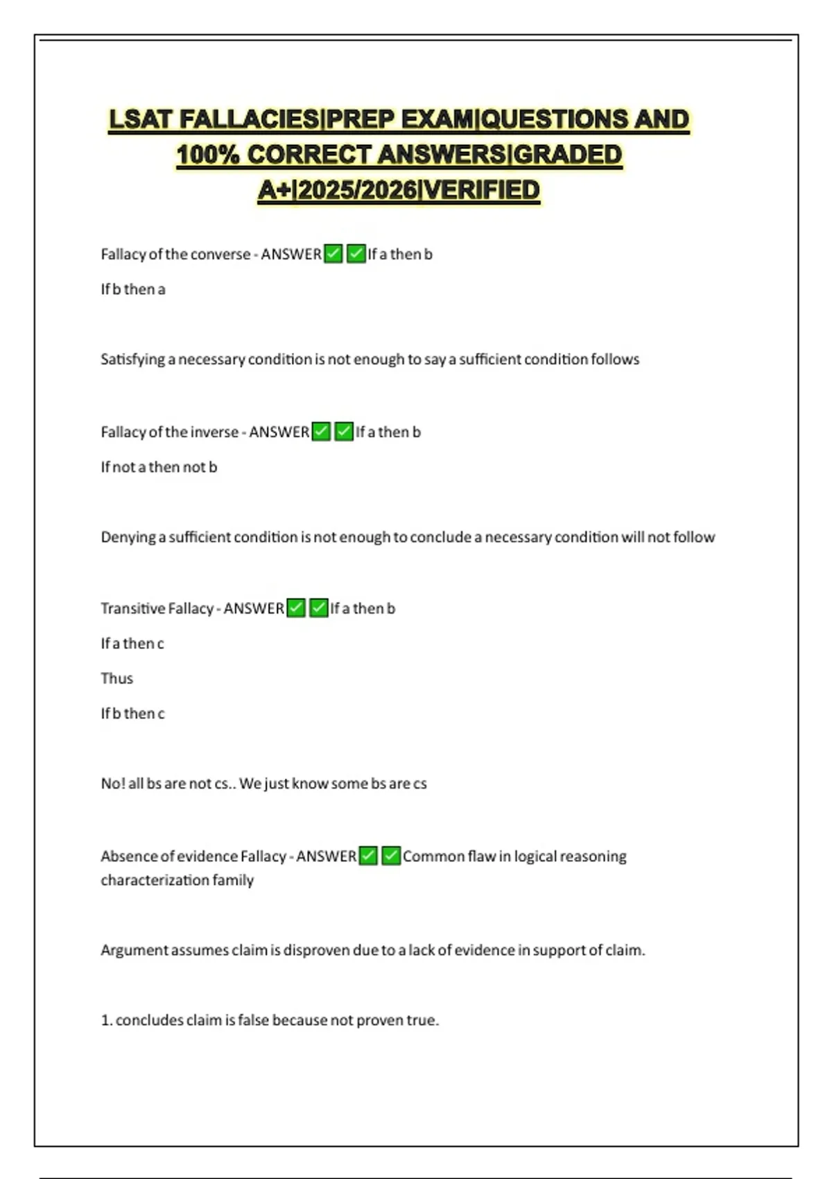 LSAT FALLACIES|PREP EXAM|QUESTIONS AND 100% CORRECT ANSWERS|GRADED A+ ...