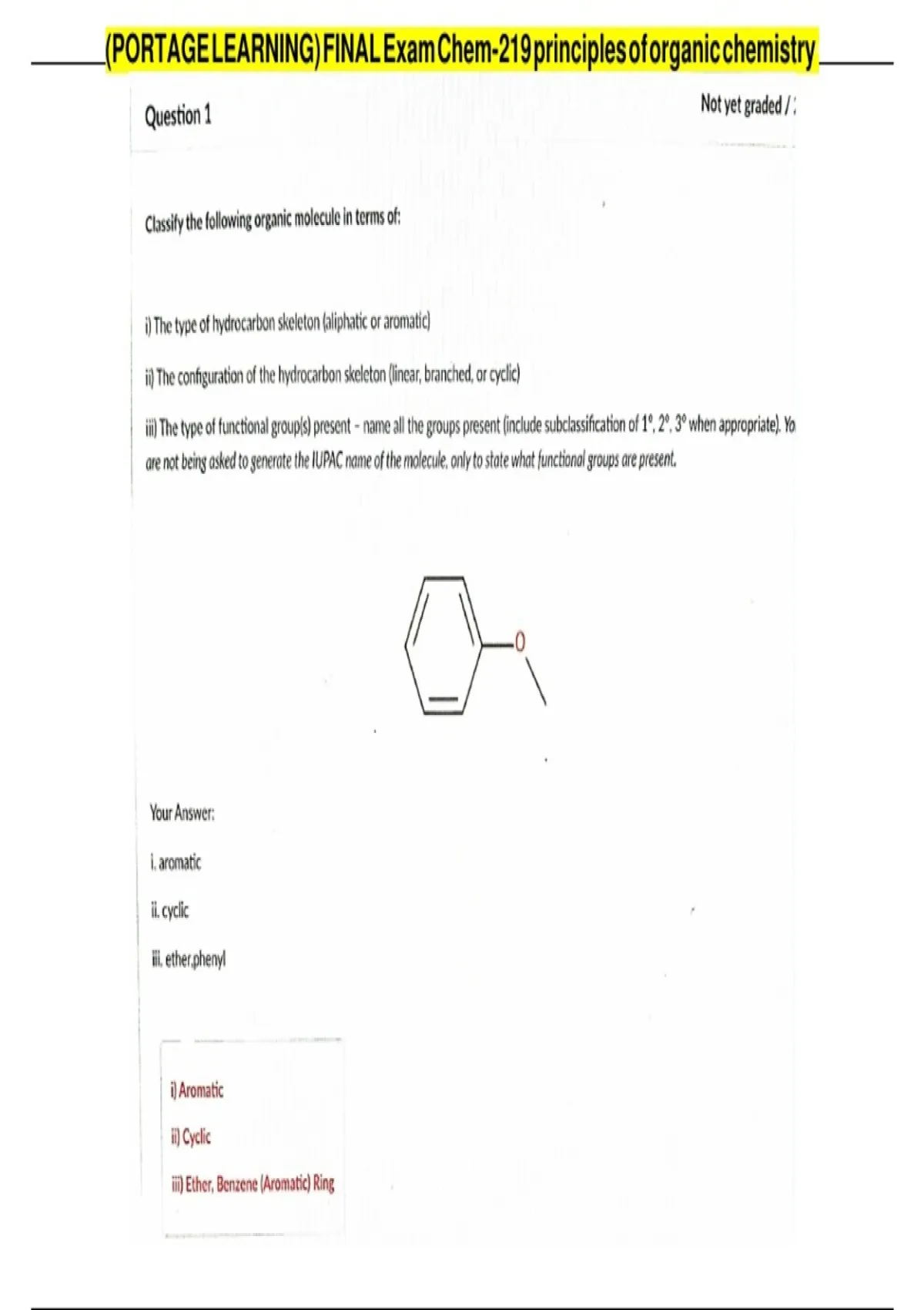 Portage Learning Final Exam – CHEM-219 Principles of Organic Chemistry ...