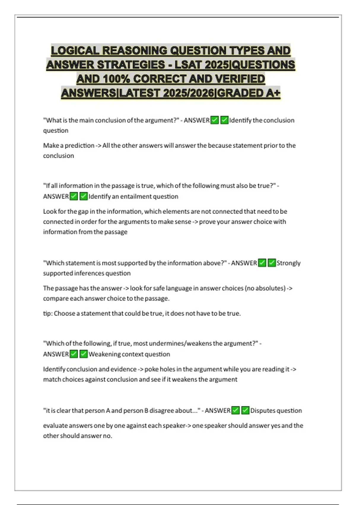 LOGICAL REASONING QUESTION TYPES AND ANSWER STRATEGIES - LSAT 2025|QUESTIONS AND 100% CORRECT ...
