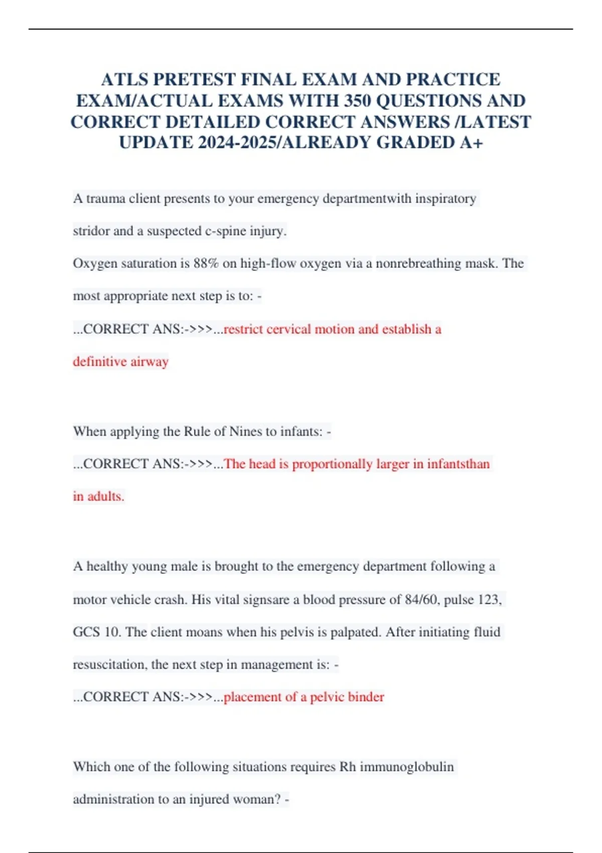 ATLS Pretest Final Exam and Practice Exams – 350 Questions with ...