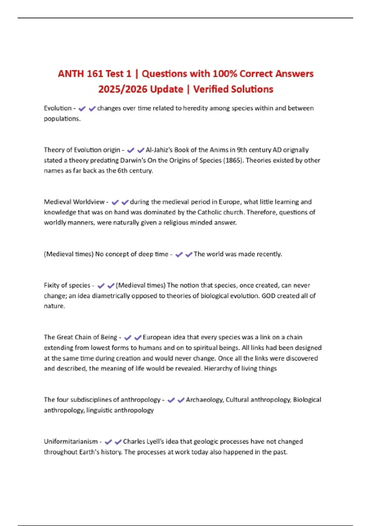 ANTH 161 Test 1 | Questions with 100% Correct Answers 2025/2026 Update ...
