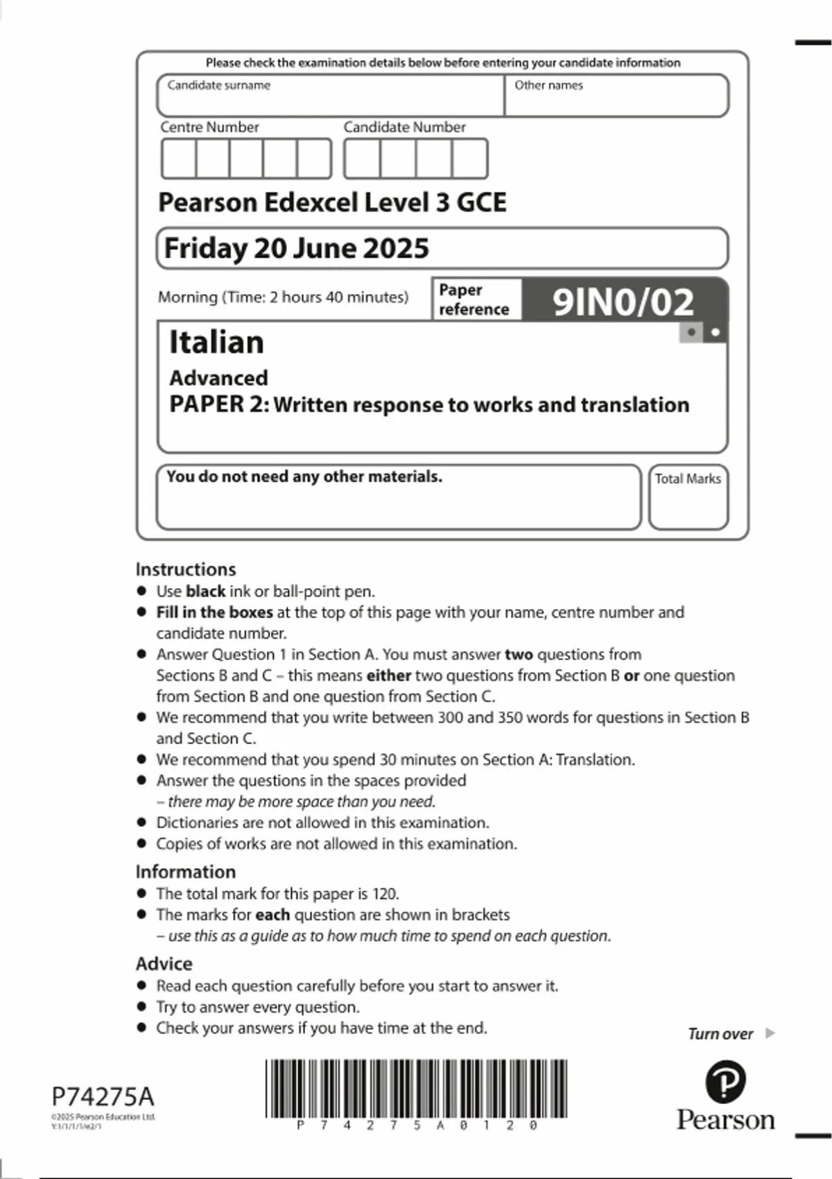 2025 Pearson Edexcel A Level Advanced Italian Paper 2 (9INO/02: Written ...