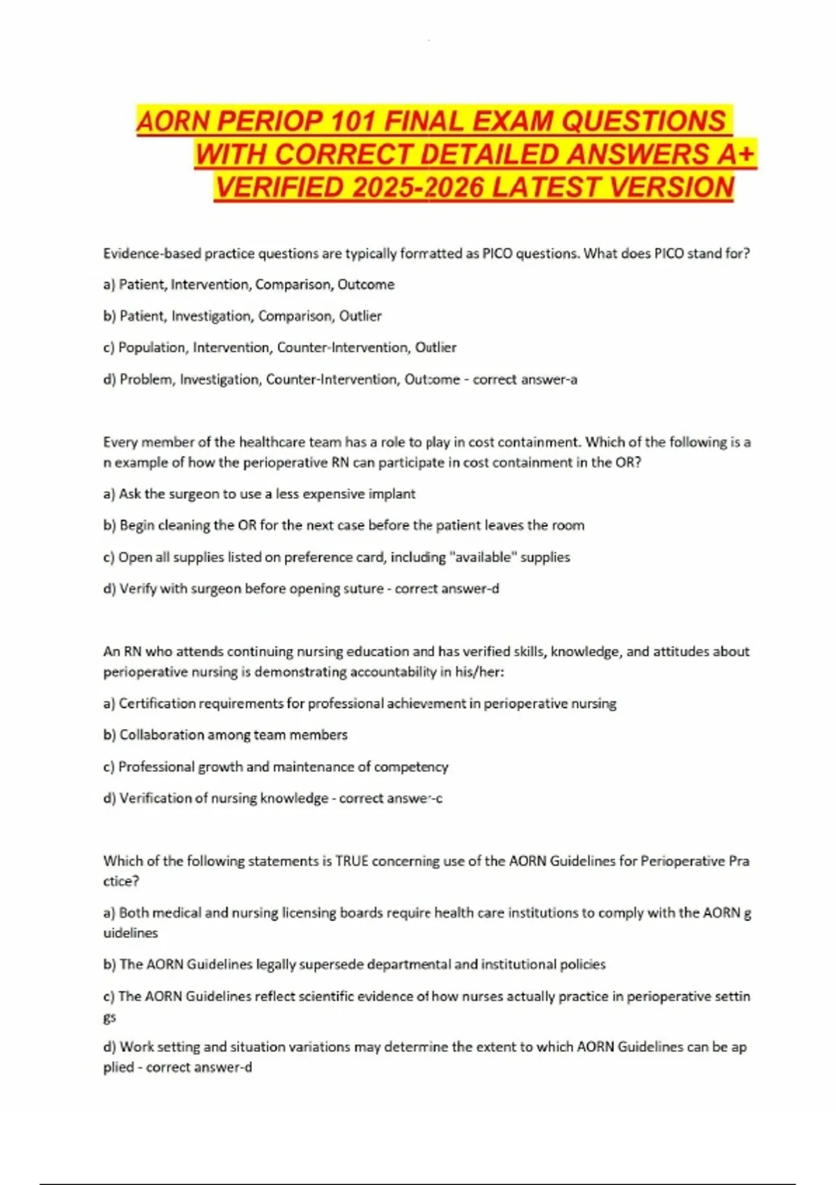 AORN PERIOP 101 FINAL EXAM QUESTIONS WITH CORRECT DETAILED ANSWERS A+ ...