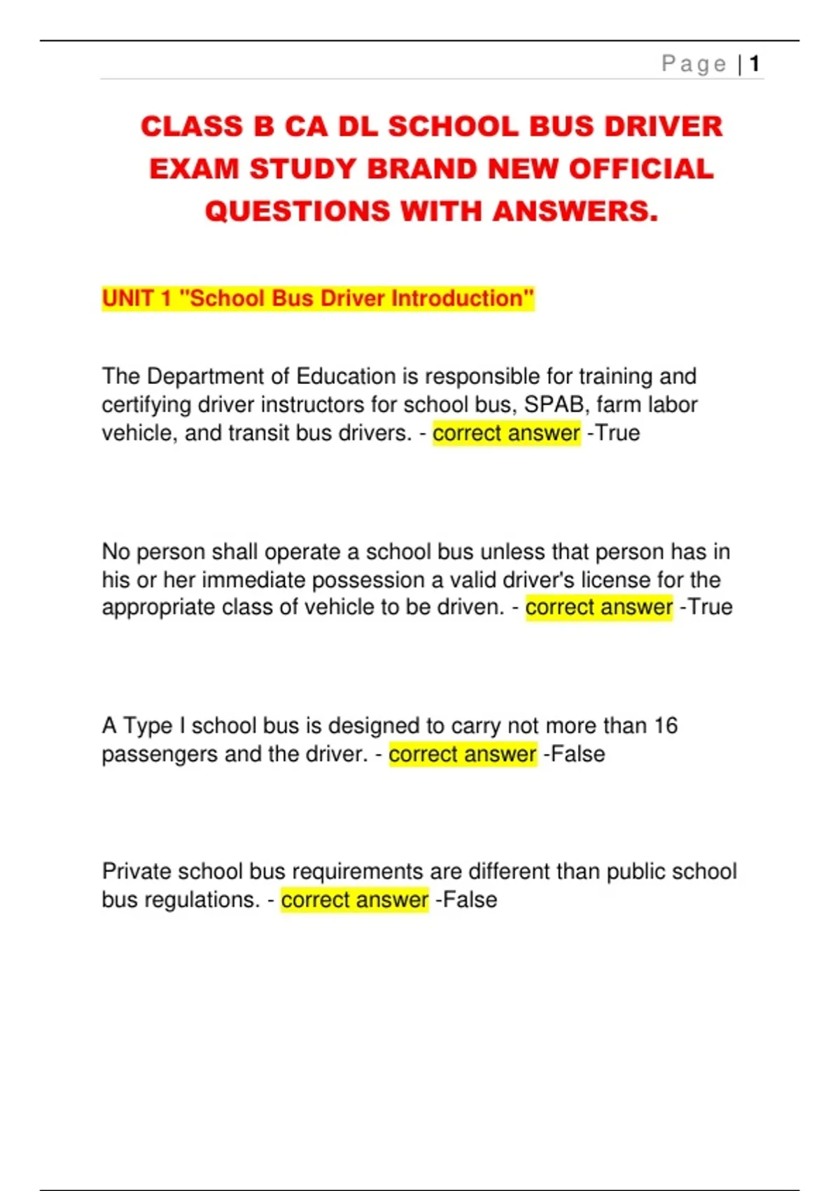 CLASS B CA DL SCHOOL BUS DRIVER EXAM STUDY BRAND NEW OFFICIAL QUESTIONS ...