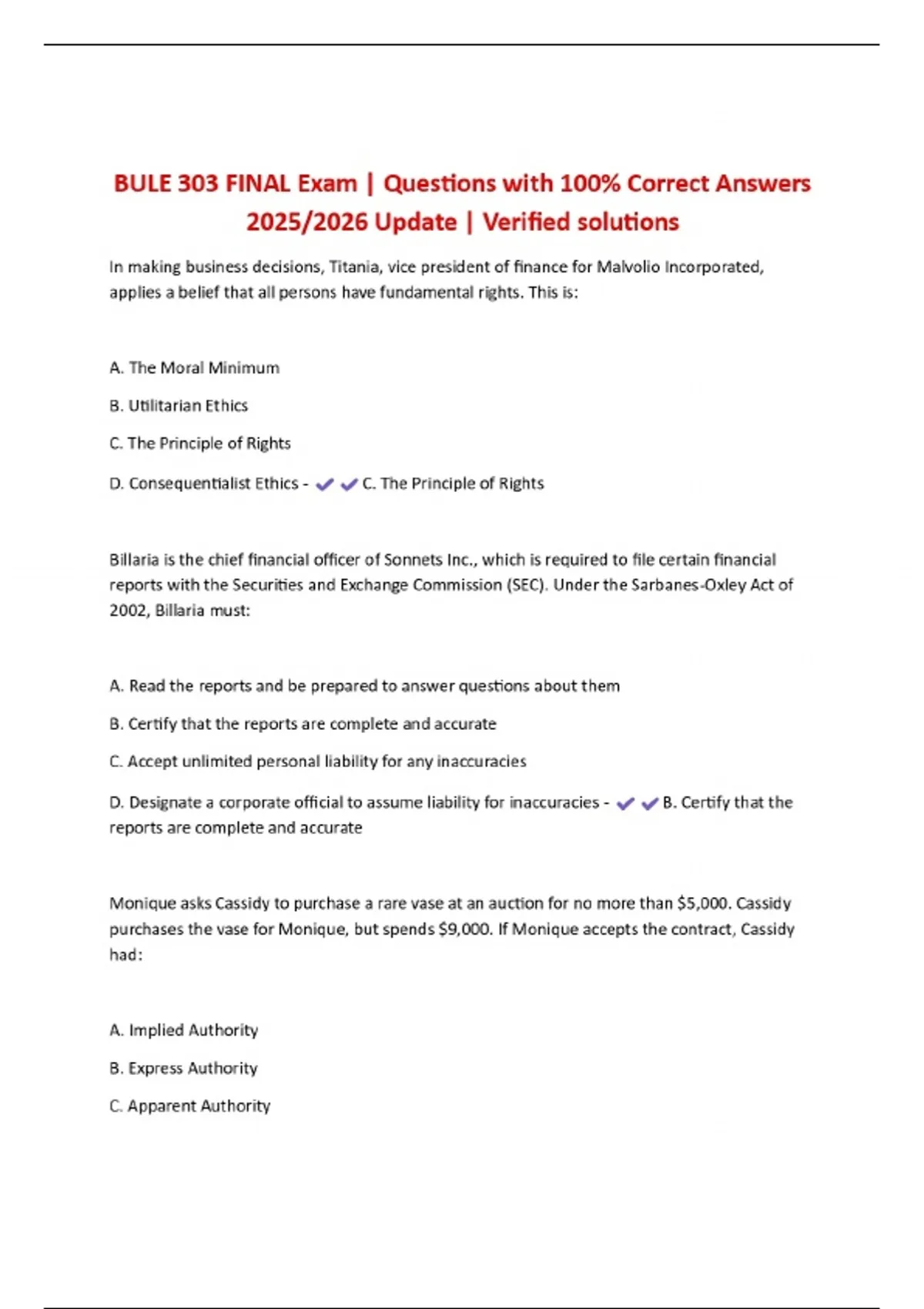 BULE 303 FINAL Exam | Questions with 100% Correct Answers 2025/2026 Update | Verified solutions ...