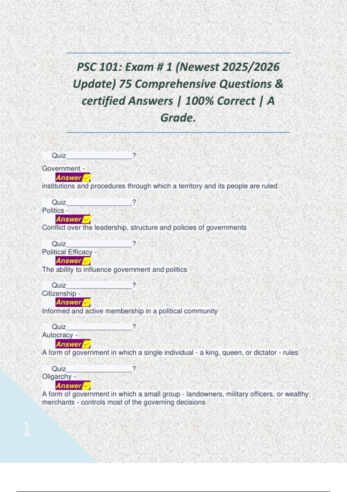 PSC 101: Exam # 1 (Newest 2025/2026 Update) 75 Comprehensive Questions ...