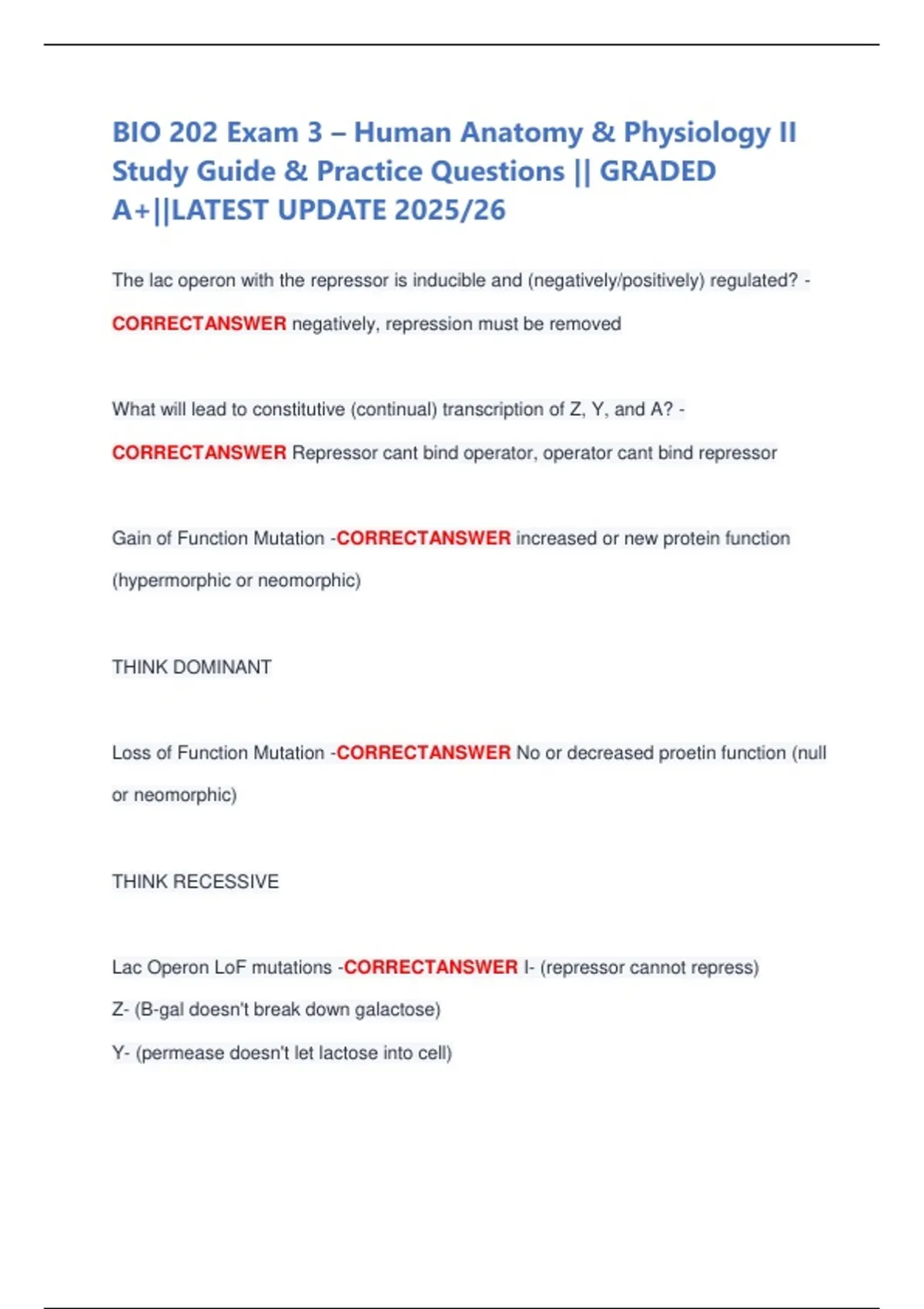BIO 202 Exam 3 – Human Anatomy & Physiology II Study Guide & Practice Questions || GRADED A+ ...