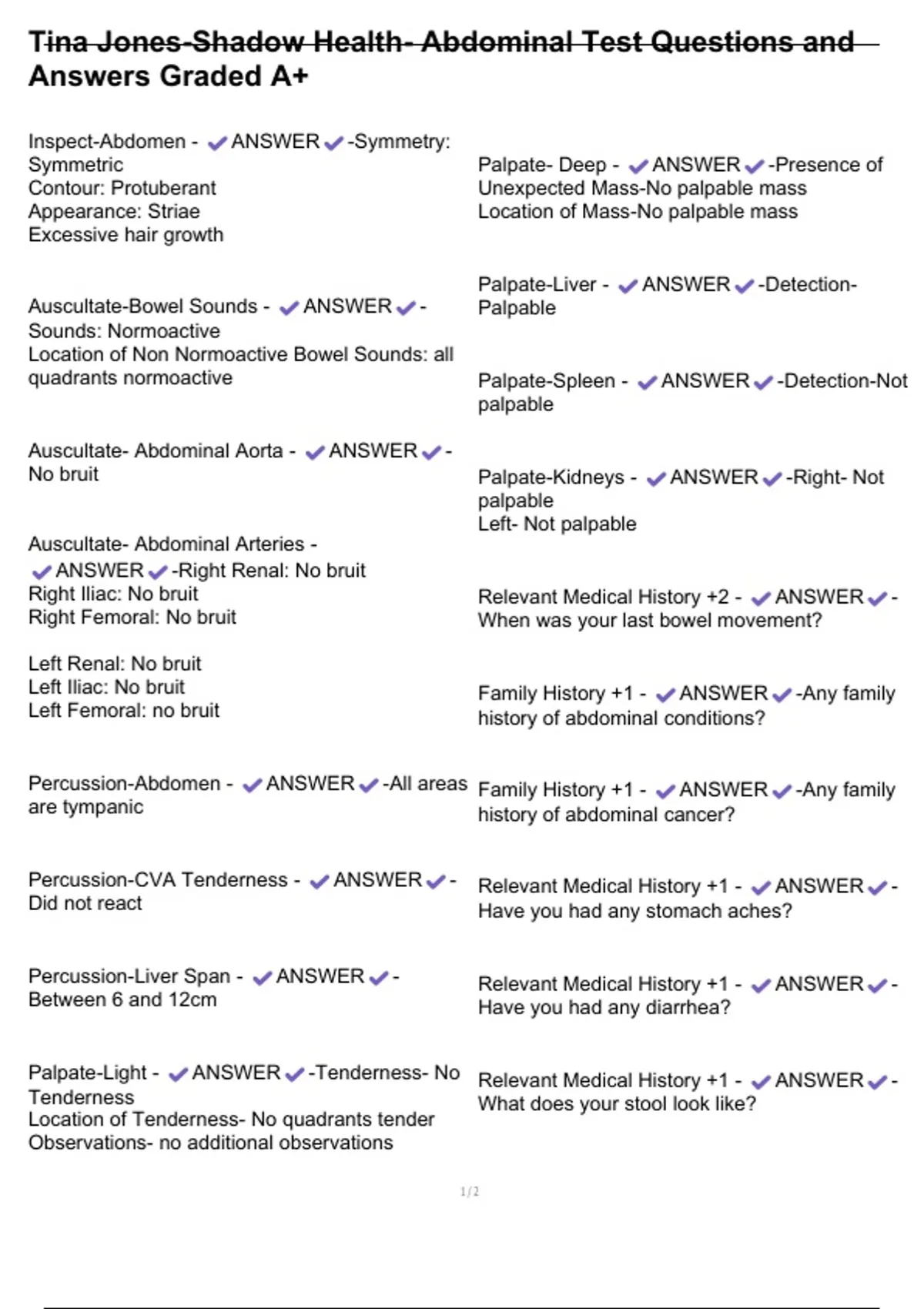 Tina Jones-Shadow Health- Abdominal Test Questions and Answers Graded ...