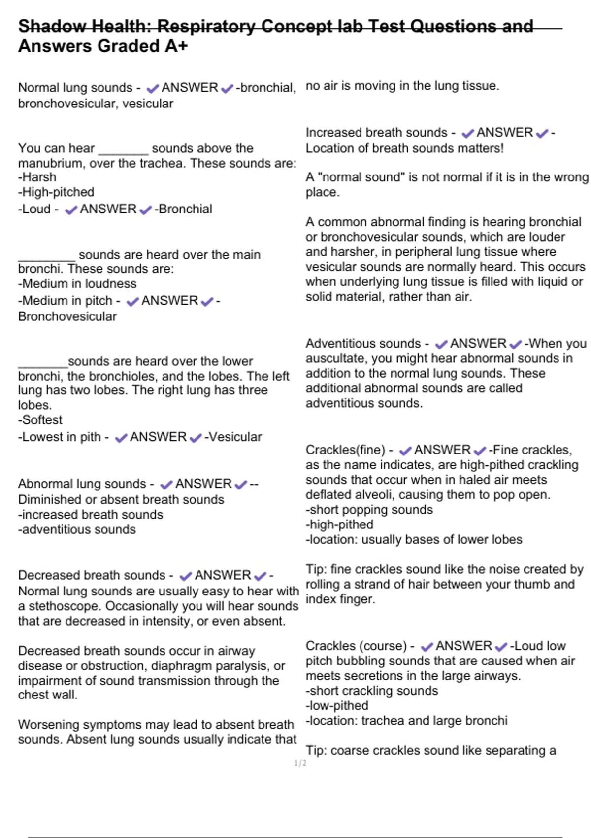 Shadow Health: Respiratory Concept lab Test Questions and Answers ...