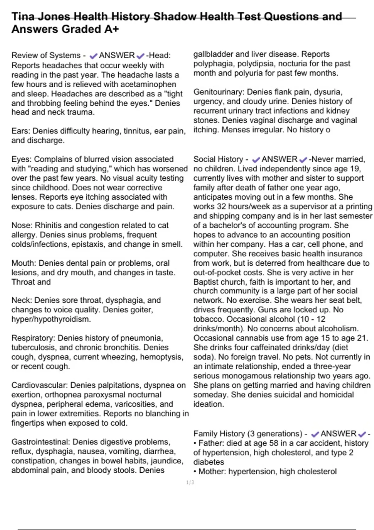 Tina Jones Health History Shadow Health Test Questions and Answers ...