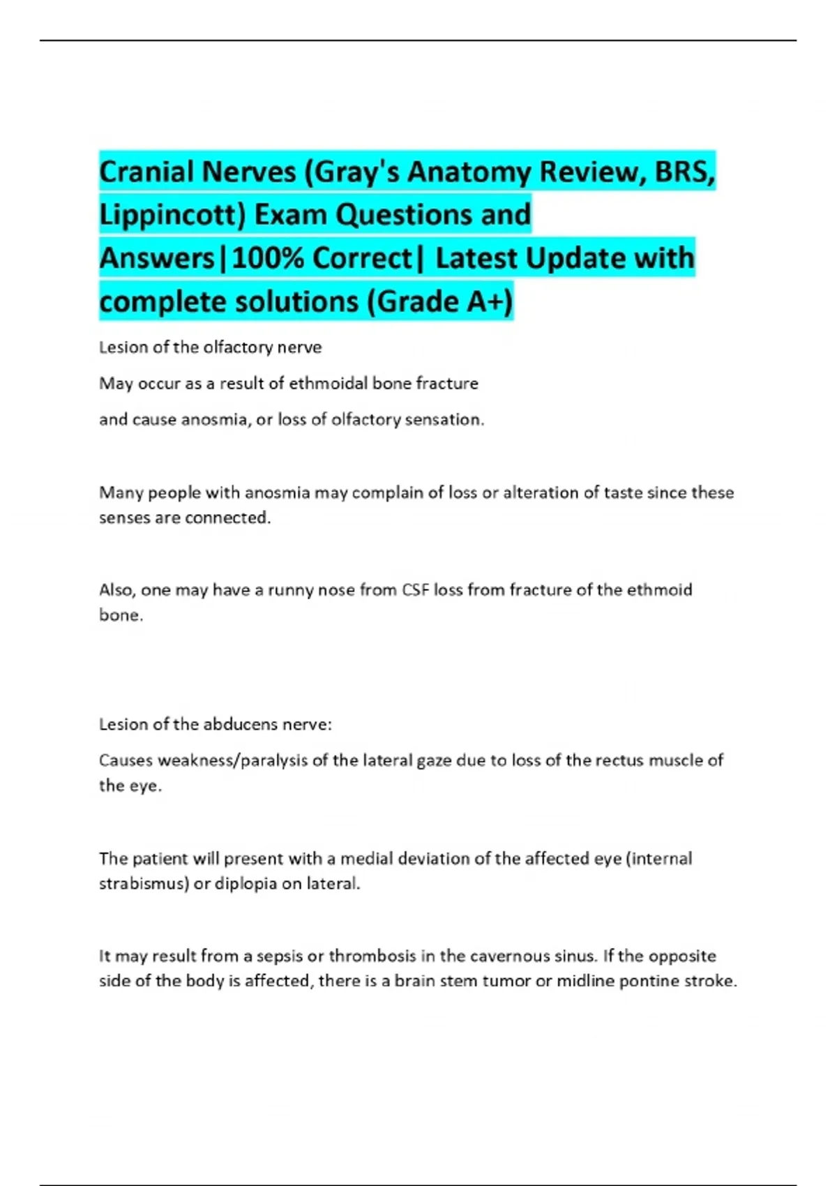 Cranial Nerves (Gray's Anatomy Review, BRS, Lippincott) Exam Questions ...