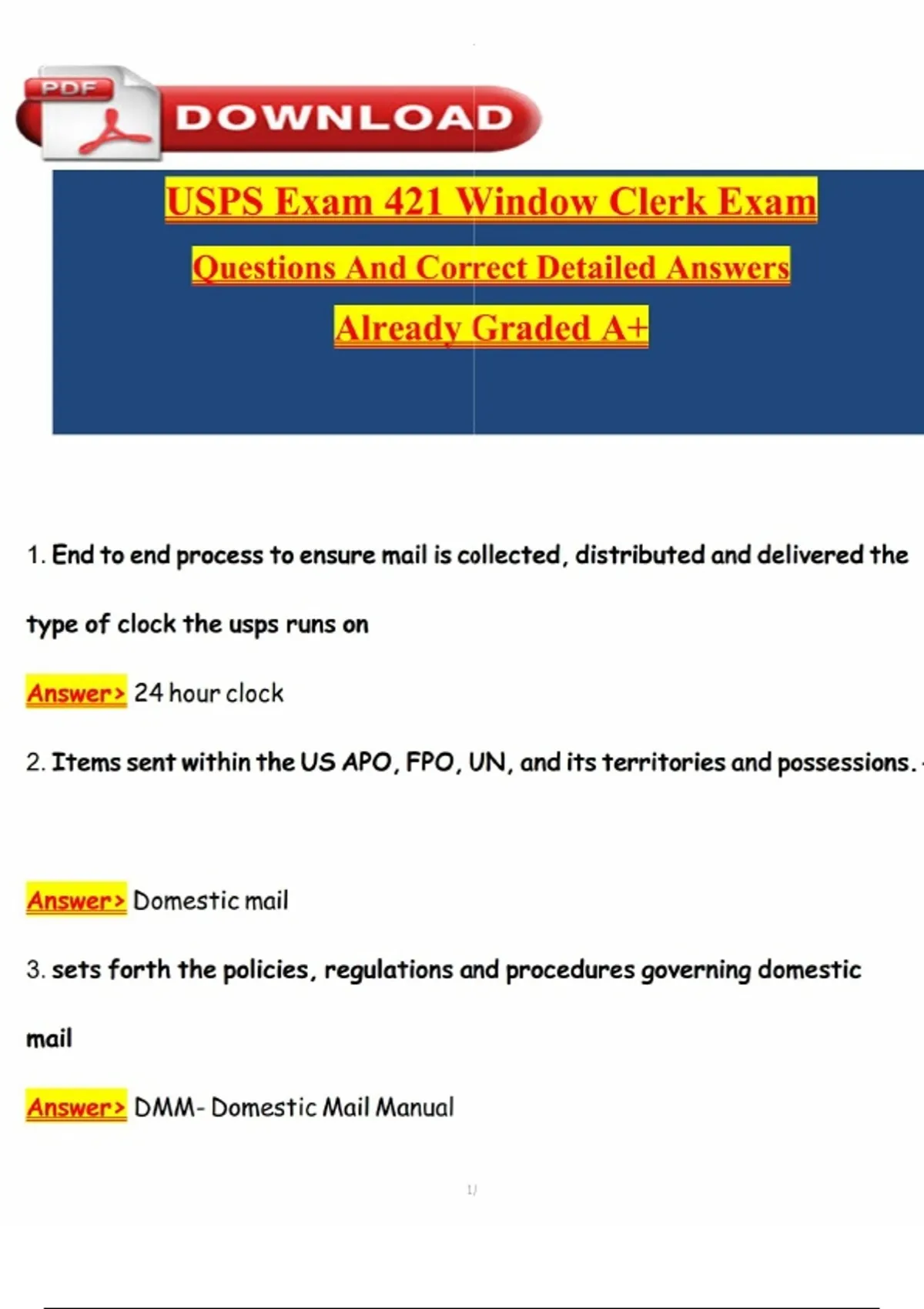 USPS Exam 421 Window Clerk Exam Latest Update Graded A+ Study Guide ...