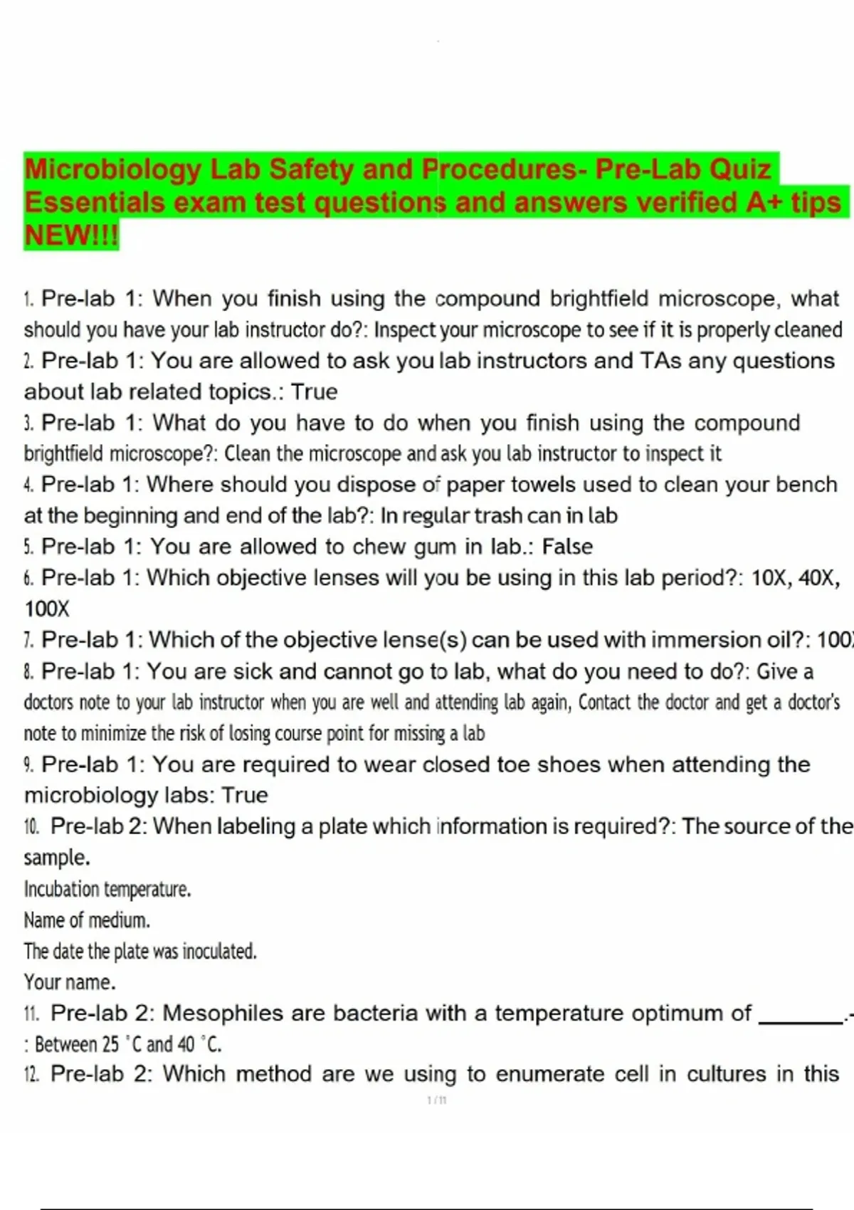 Microbiology Lab Safety and Procedures- Pre-Lab Quiz Essentials exam ...