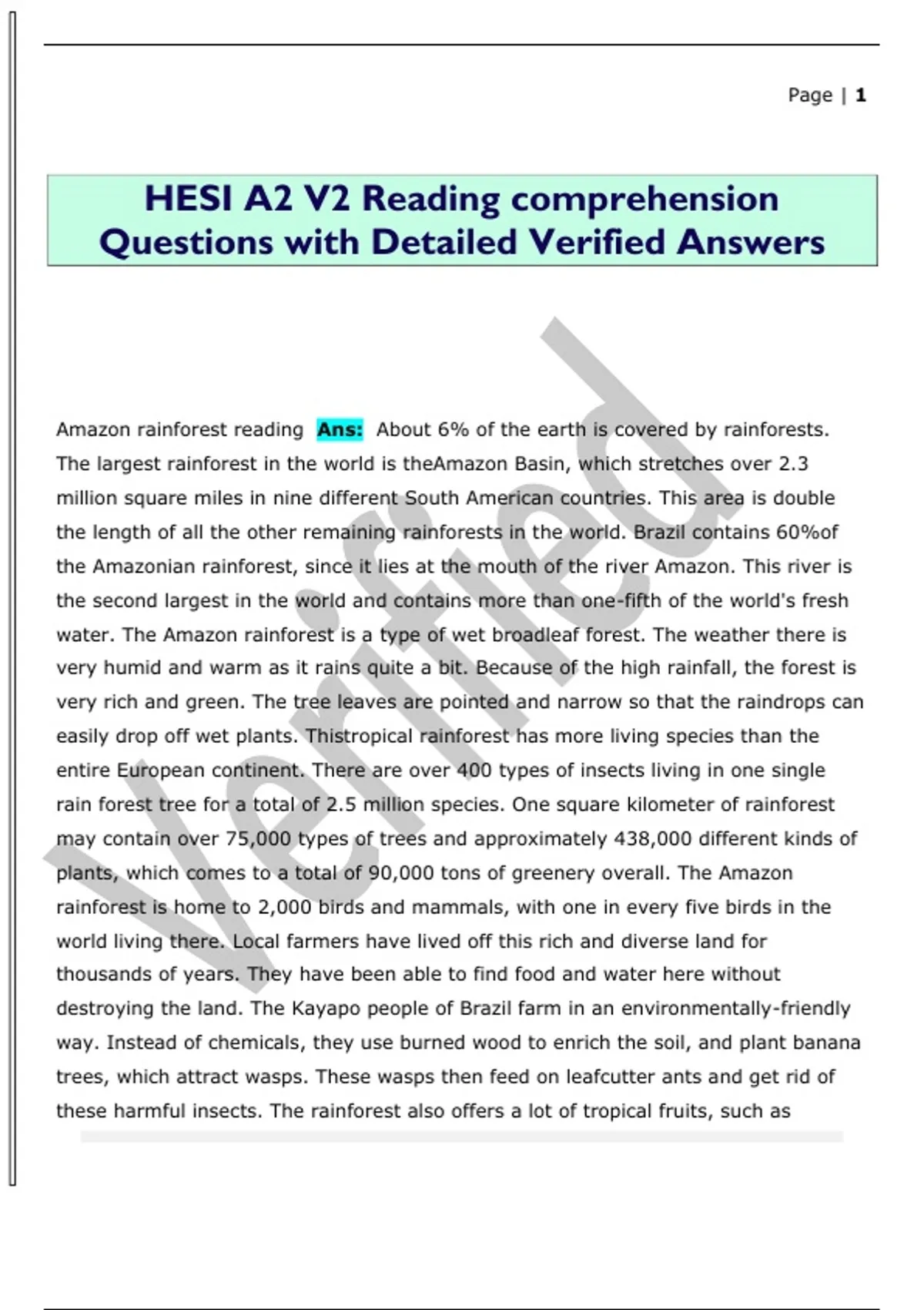HESI A2 V2 Reading comprehension Questions with Detailed Verified ...