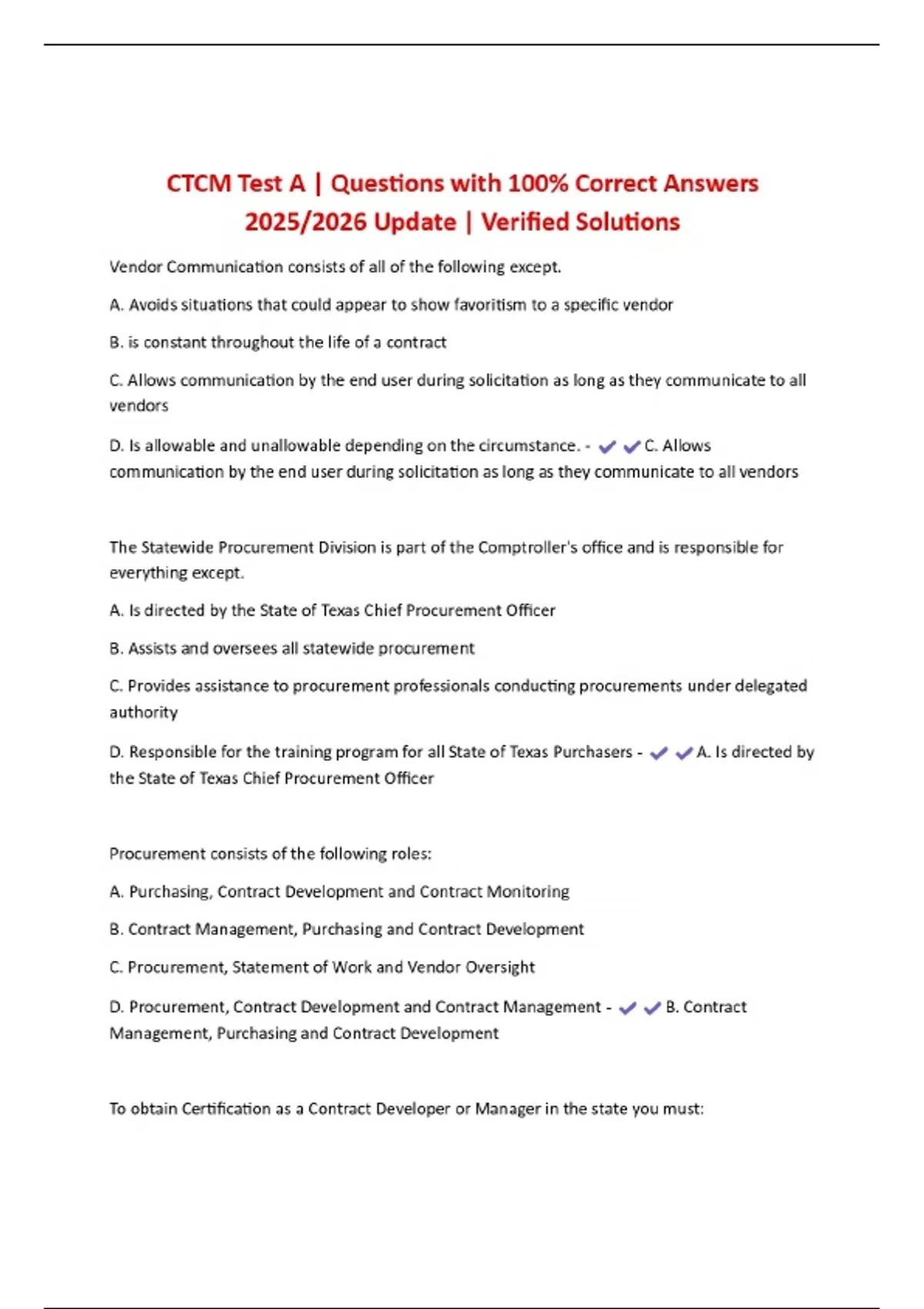 CTCM Test A | Questions with 100% Correct Answers 2025/2026 Update ...