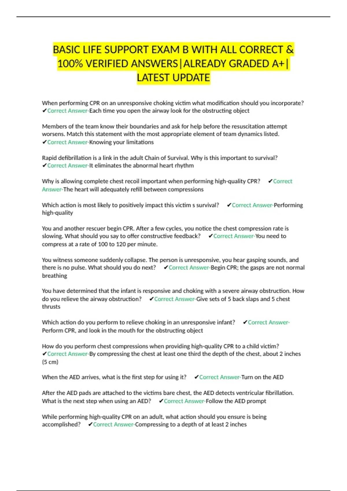 BASIC LIFE SUPPORT EXAM B WITH ALL CORRECT & 100% VERIFIED ANSWERS ...