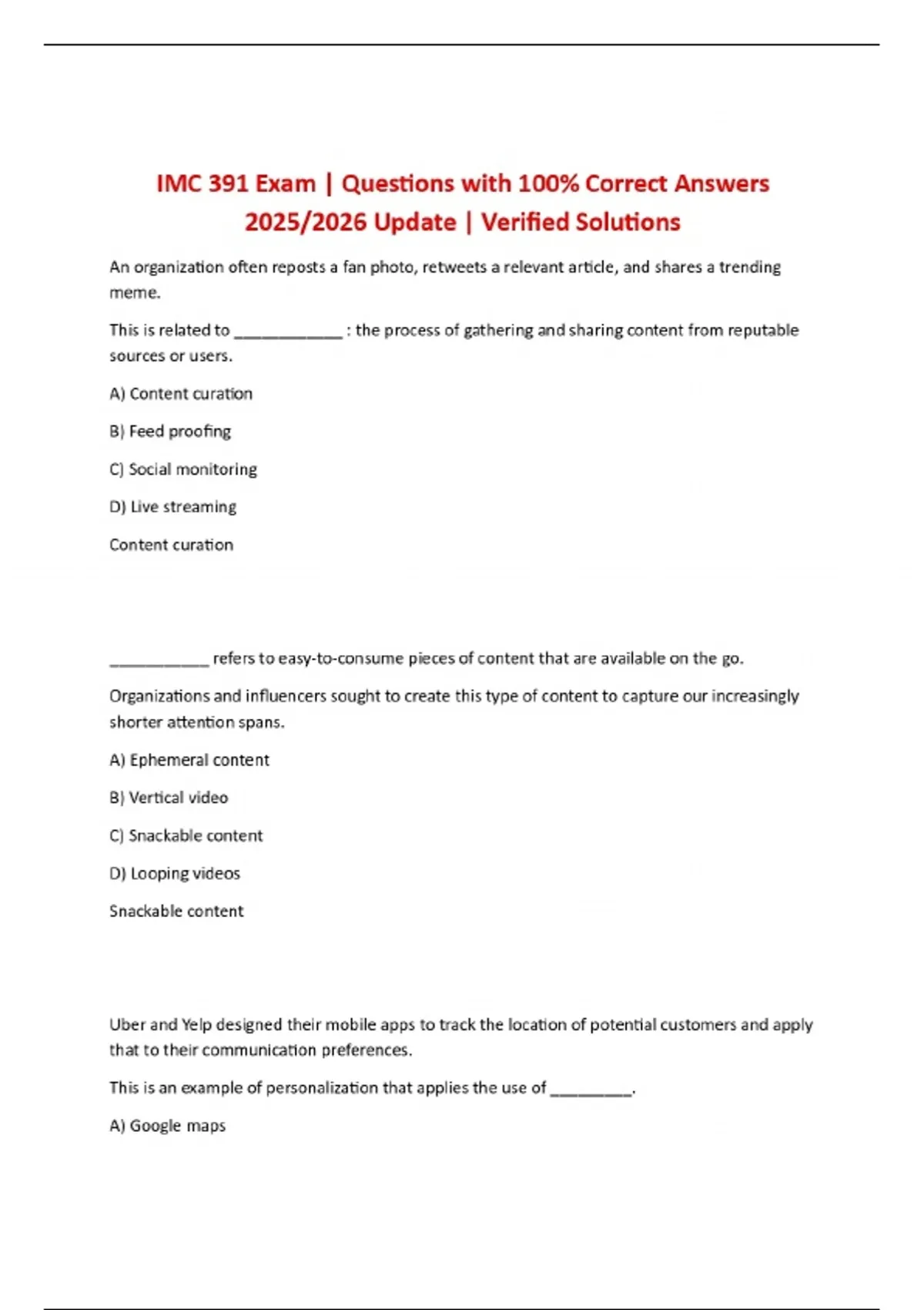 IMC 391 Exam | Questions with 100% Correct Answers 2025/2026 Update ...